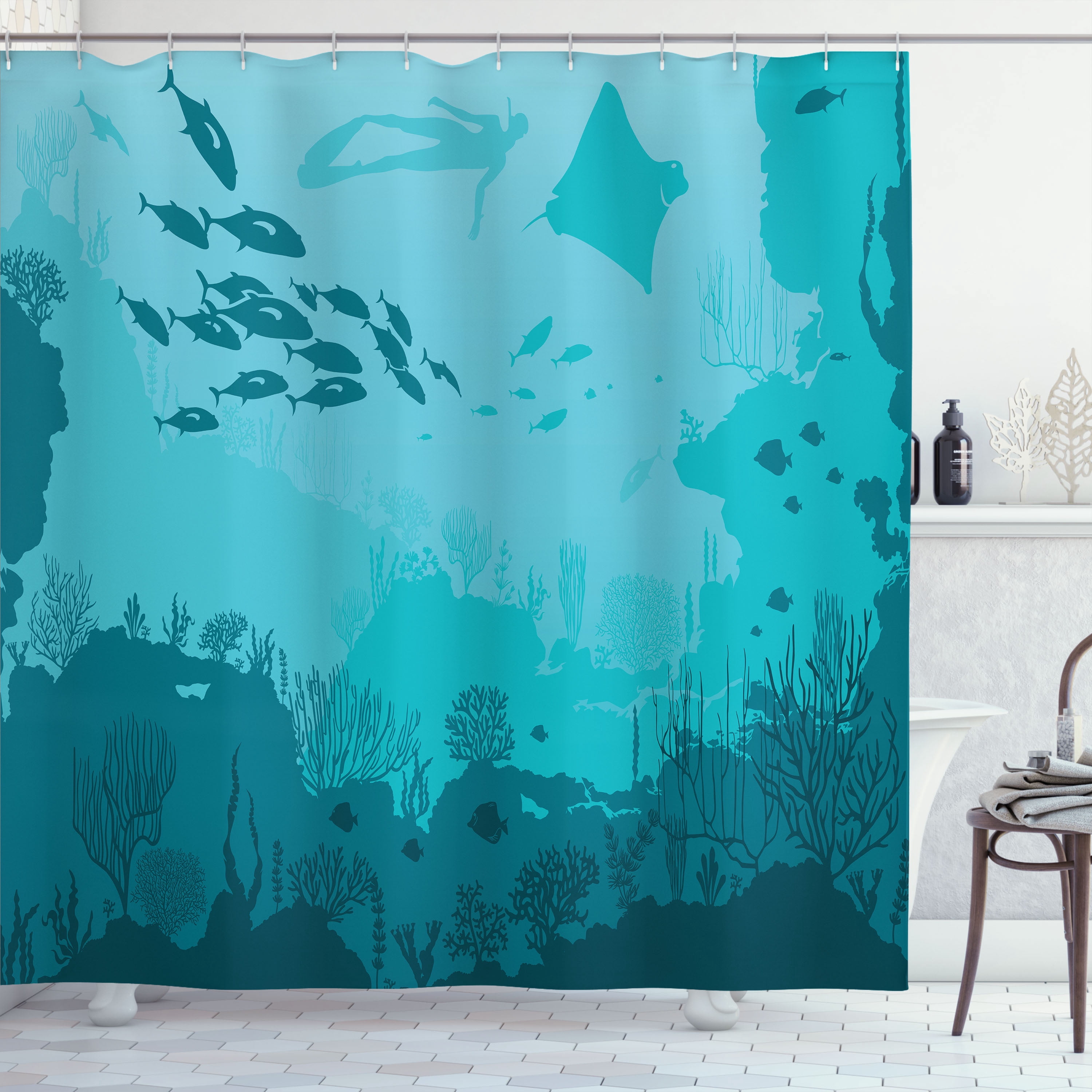 Ambesonne Ocean Life Shower Curtain, Diver Fishes Corals Art, 69"Wx70"L ...