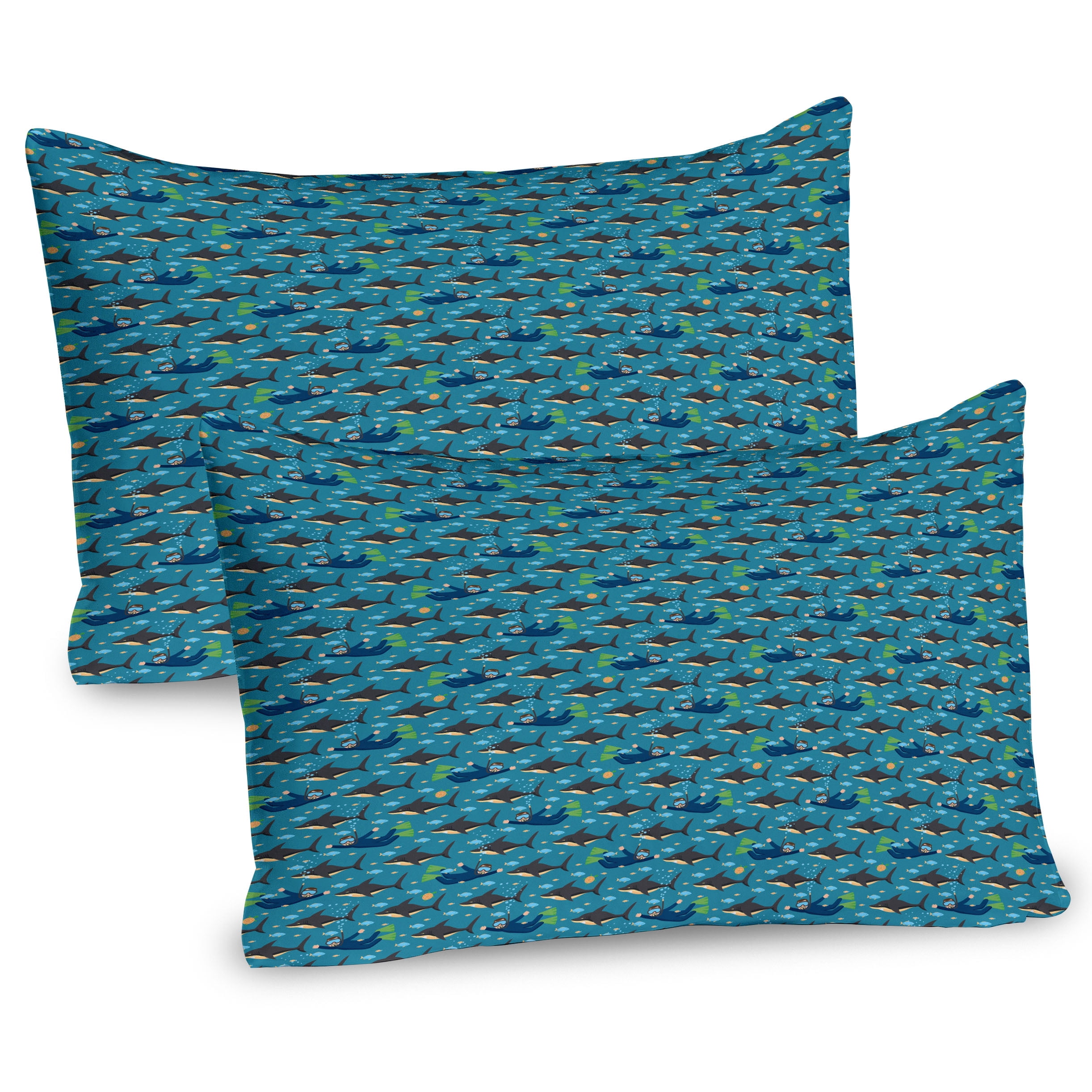 Ambesonne Ocean Pillow Sham 2 Pack, Sharks and Diver Man Cartoon, 26 ...