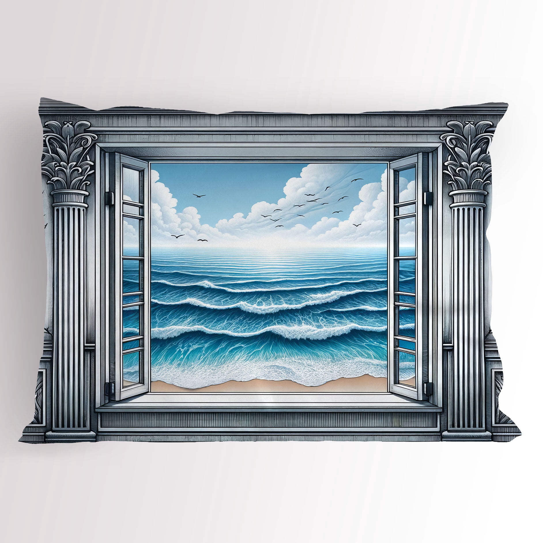 Ambesonne Ocean Pillow Sham, Historic Window Sea Scenery, 26
