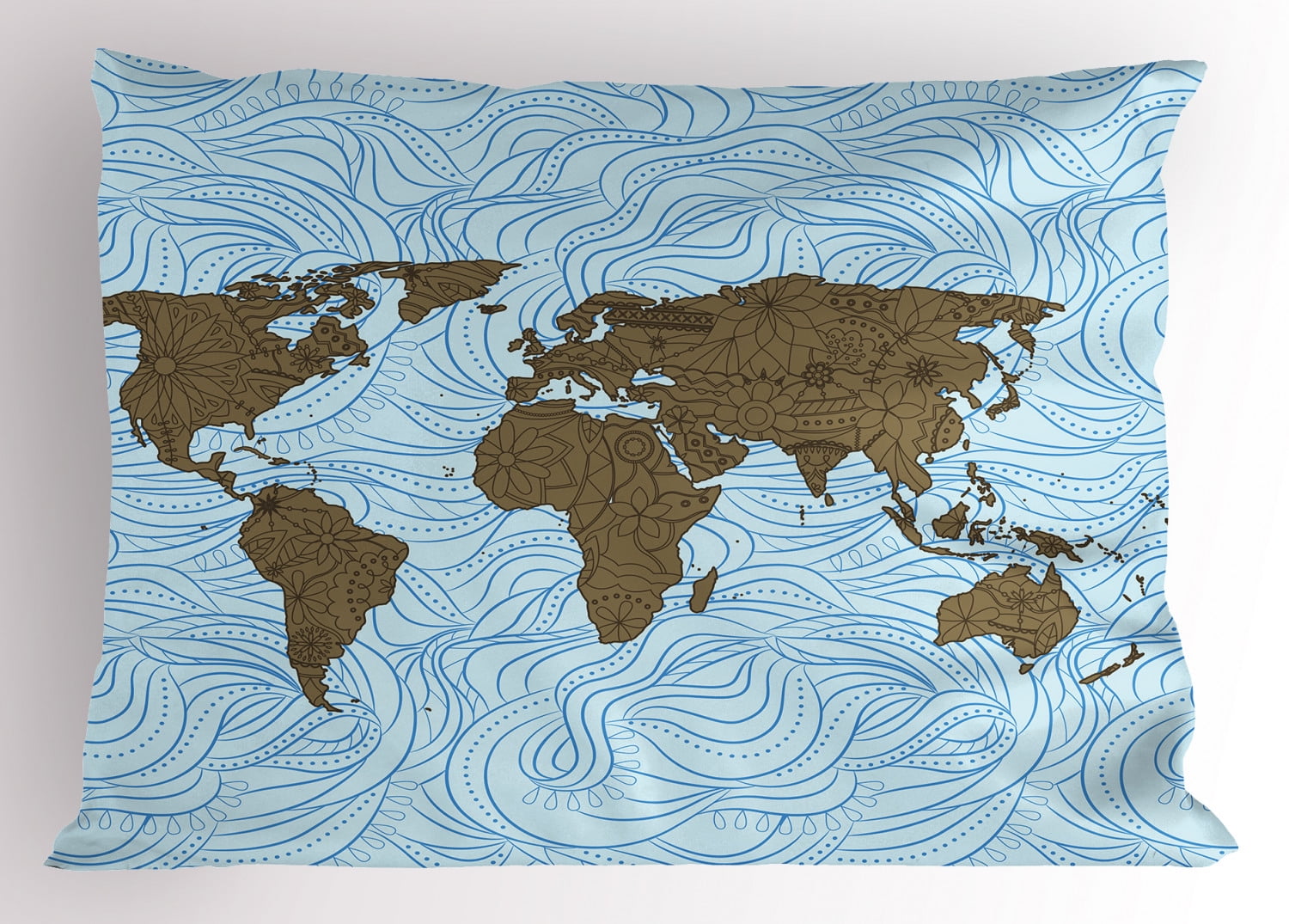 Ambesonne Ocean Pillow Sham, Map with Waves, 26" X 20", Cocoa Pale Blue ...