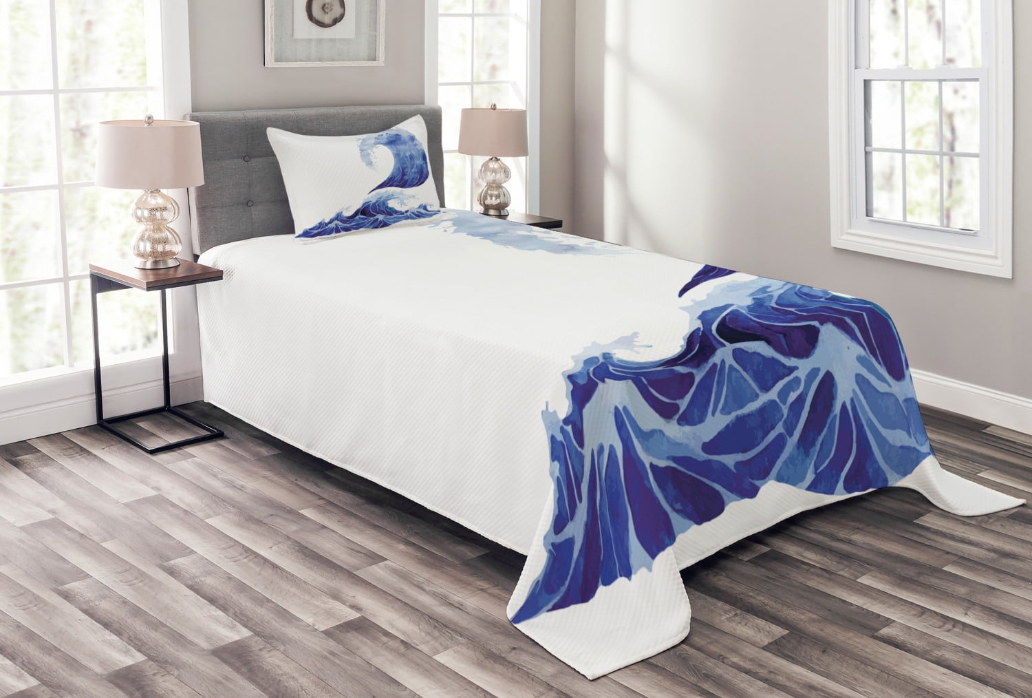 Ambesonne Ocean Quilted Bedspread Set 2 Pcs, Aquatic Storm Blue Waves ...