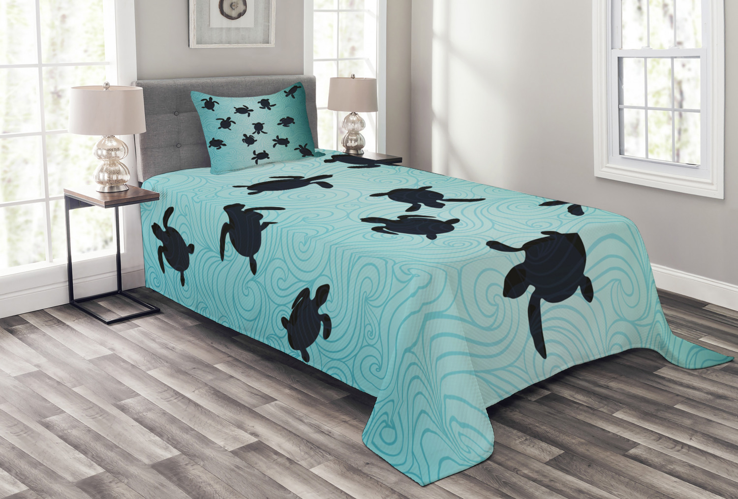 Ambesonne Ocean Quilted Bedspread Set 2 Pcs, Turtles Deep Sealife, Twin ...