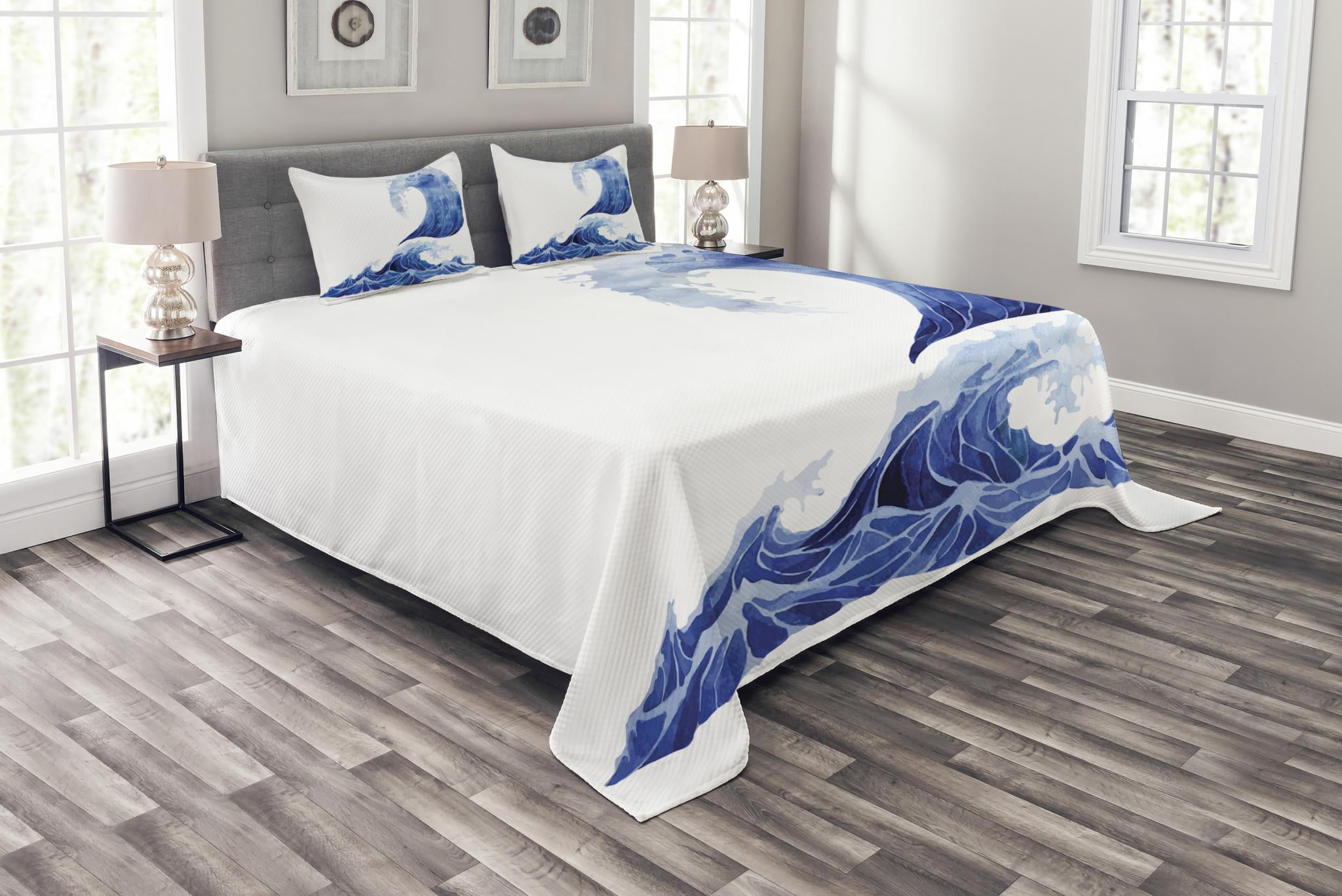 Ambesonne Ocean Quilted Bedspread Set 3 Pcs, Aquatic Storm Blue Waves ...