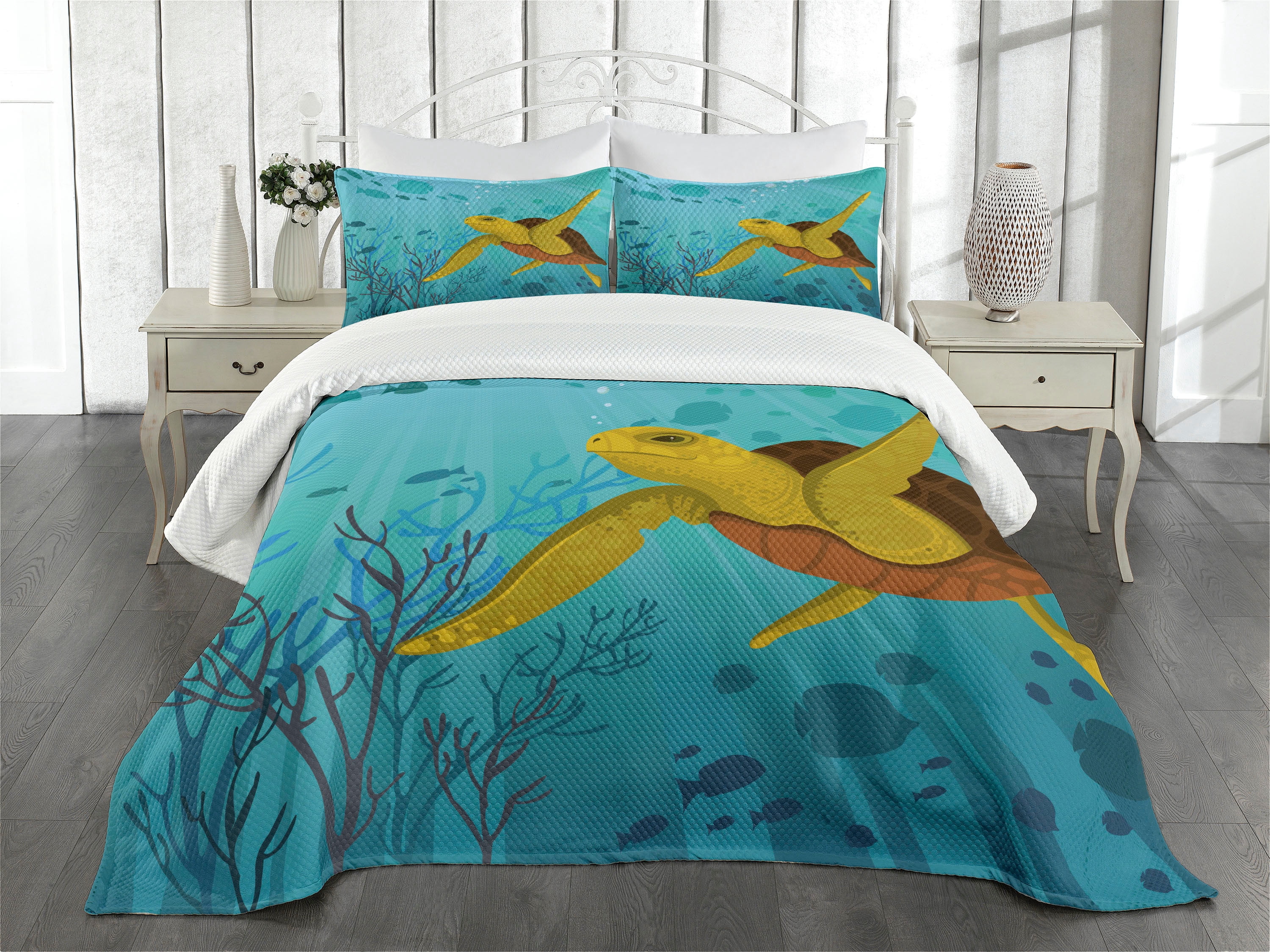 Ambesonne Ocean Quilted Bedspread Set 3 Pcs, Cartoon Turtle Coral ...