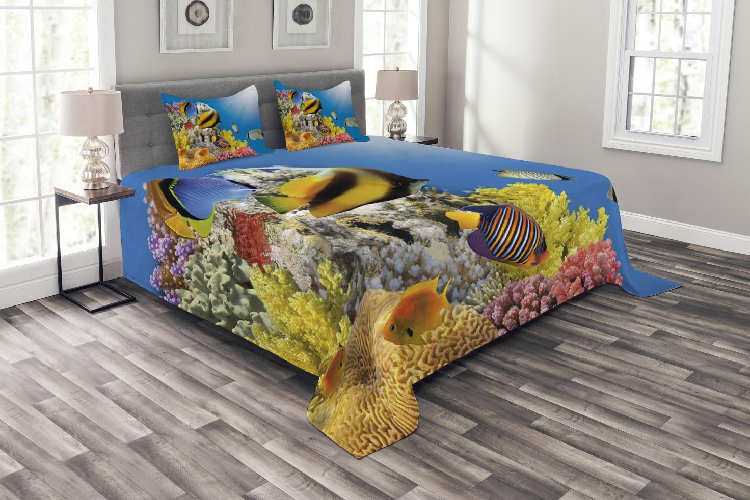 Ambesonne Ocean Quilted Bedspread Set 3 Pcs, Coral Colony on Reef Top ...