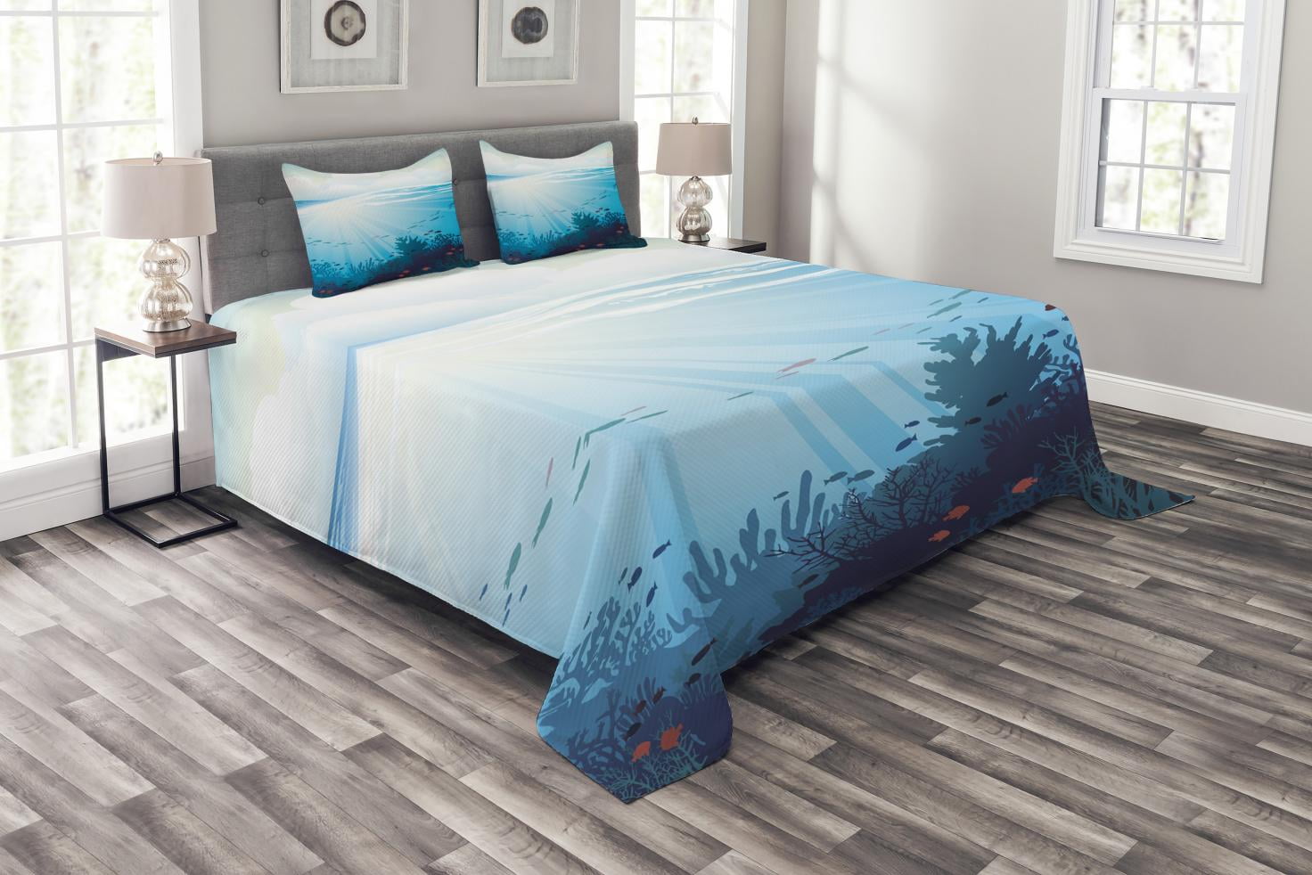 Ambesonne Ocean Quilted Bedspread Set 3 Pcs, Fish Aquarium Coral Reefs ...