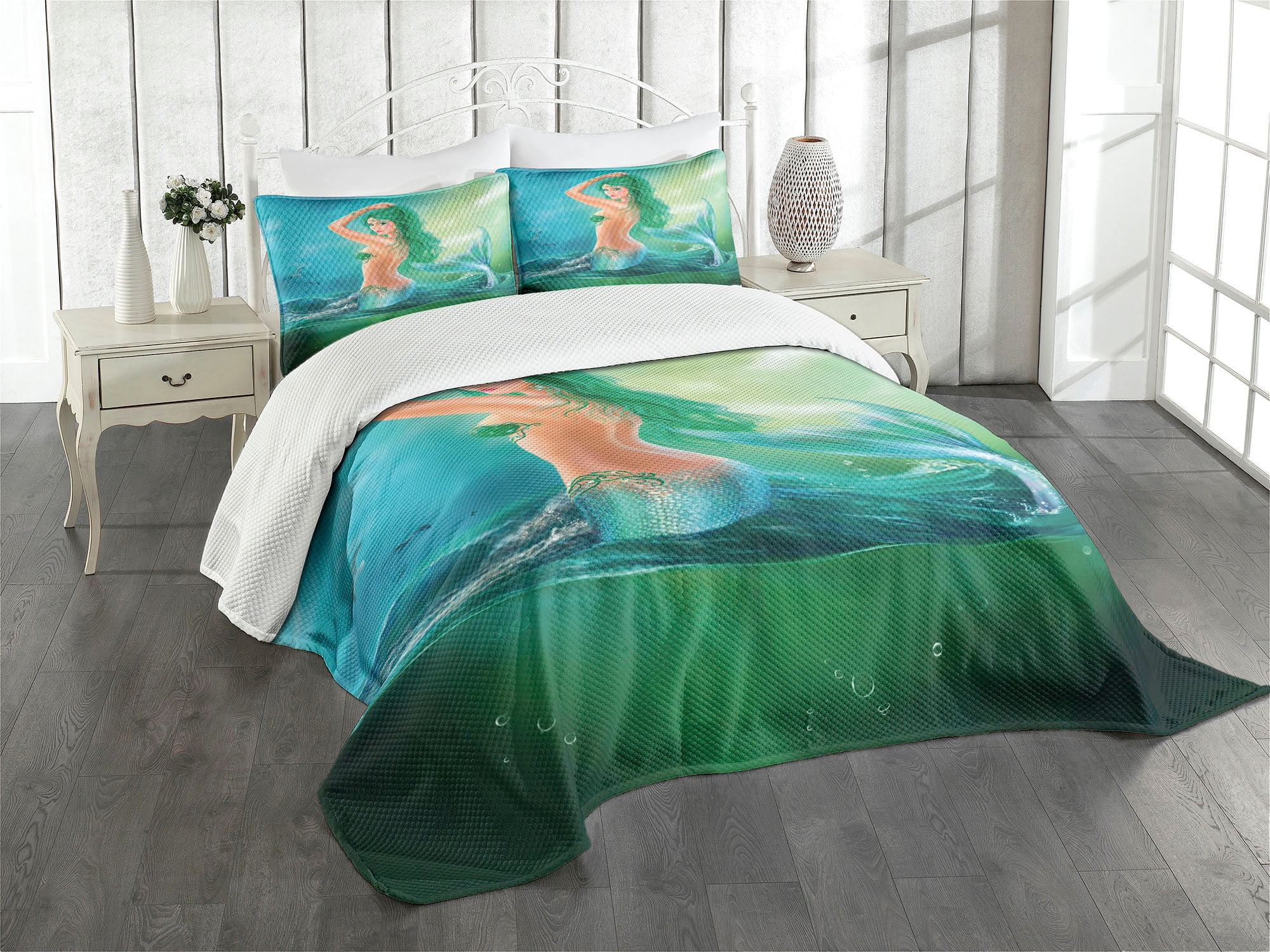 Ambesonne Ocean Quilted Bedspread Set 3 Pcs, Mermaid Tail Waves Sea ...