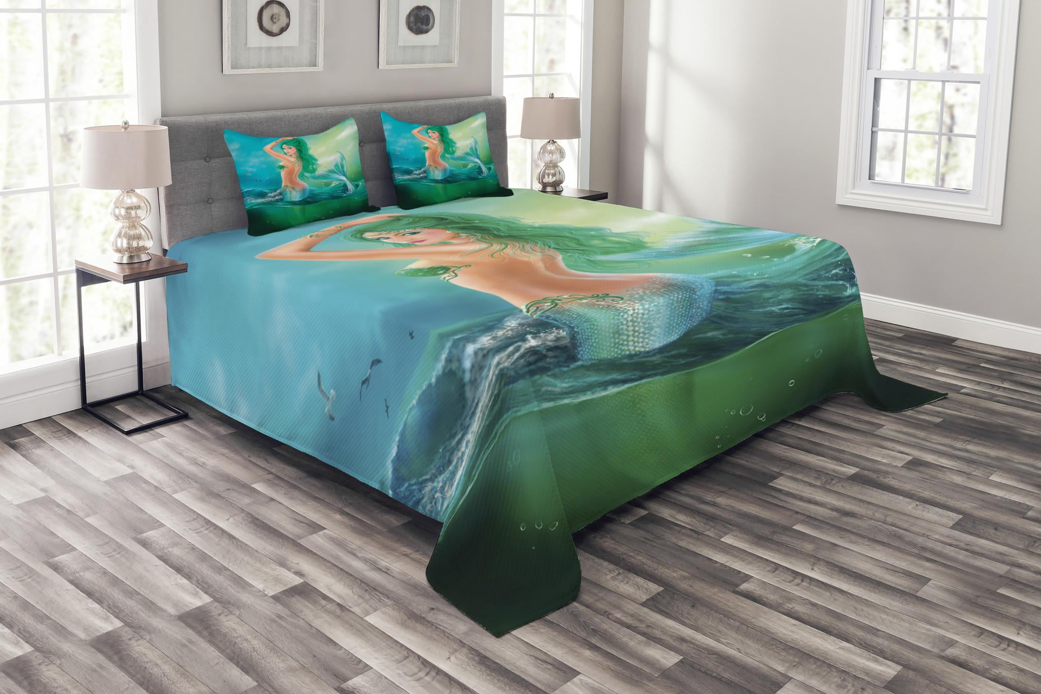 Ambesonne Ocean Quilted Bedspread Set 3 Pcs, Mermaid Tail Waves Sea ...