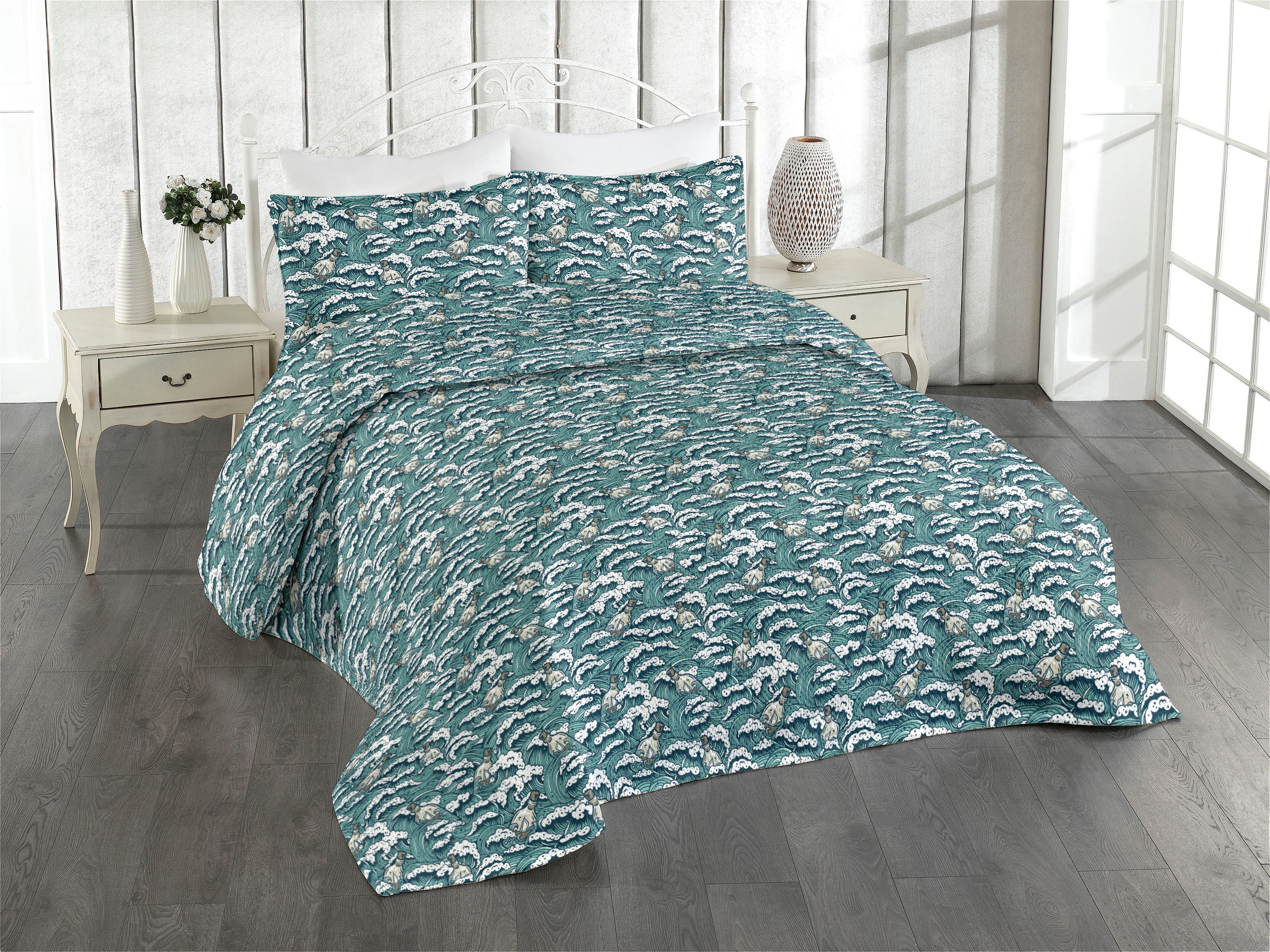 Ambesonne Ocean Quilted Bedspread Set 3 Pcs, Minimalist Wave Pattern ...