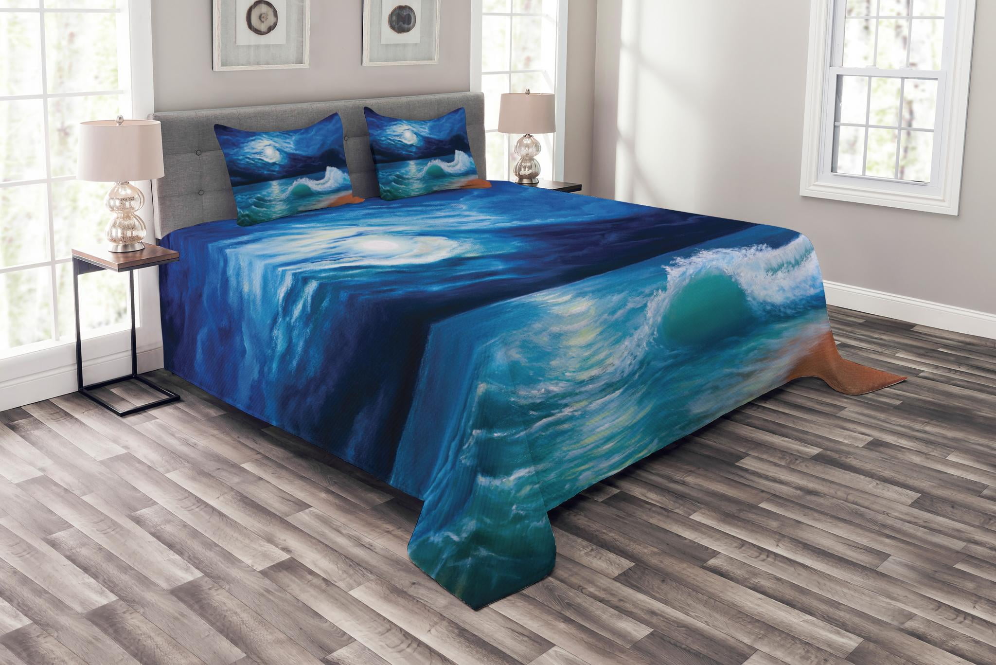 Ambesonne Ocean Quilted Bedspread Set 3 Pcs, Moonlight over Wavy Sea ...