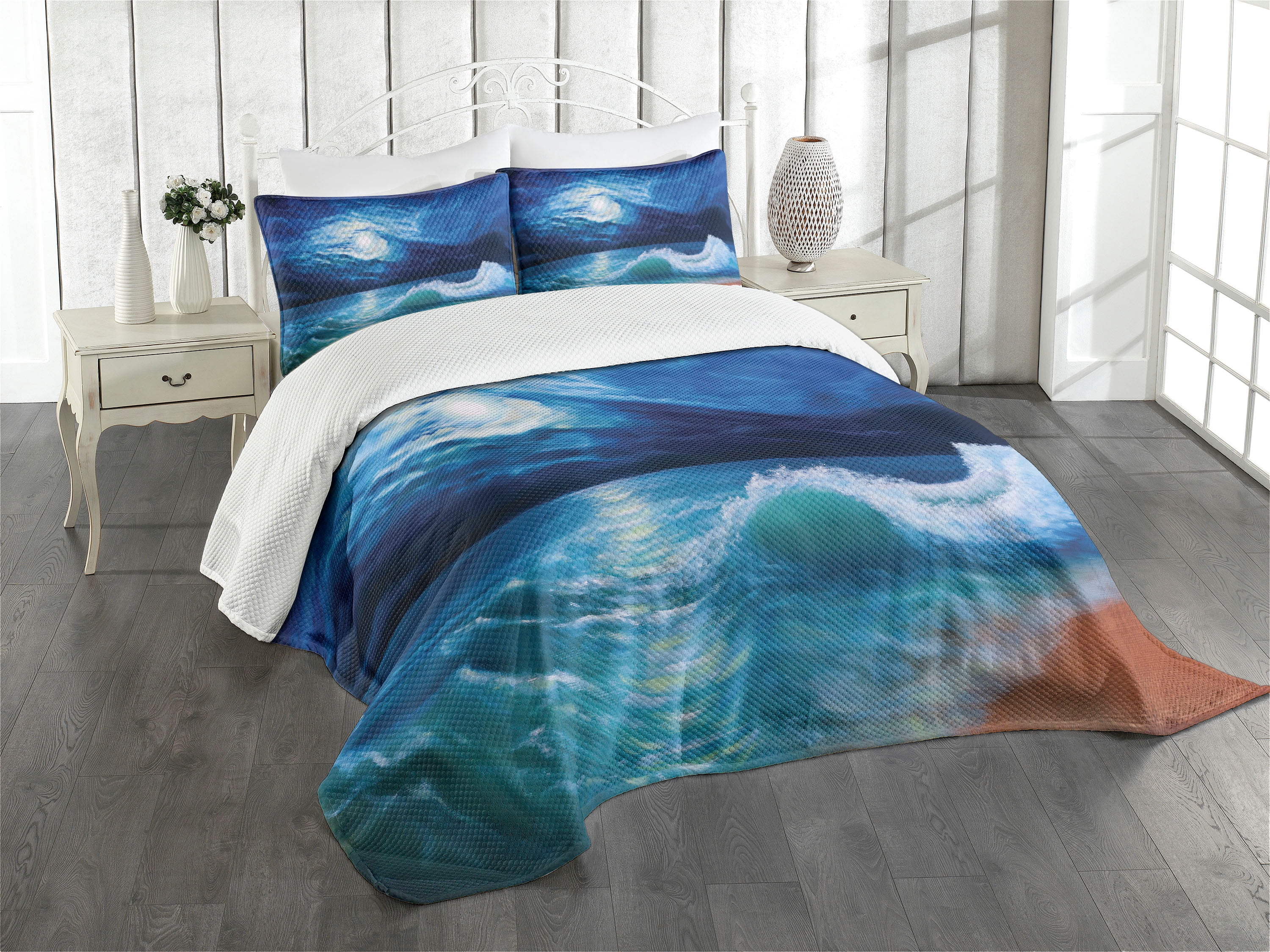 Ambesonne Ocean Quilted Bedspread Set 3 Pcs, Moonlight over Wavy Sea ...