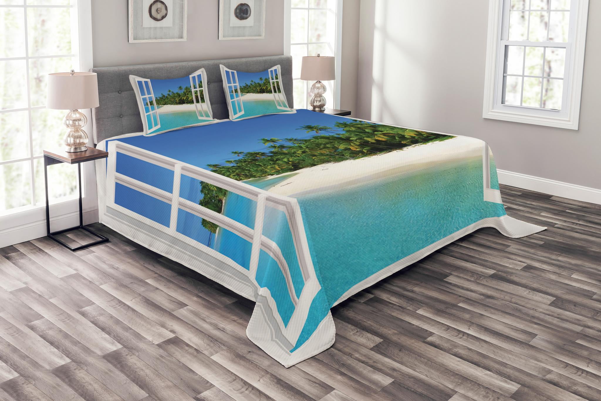 Ambesonne Ocean Quilted Bedspread Set 3 Pcs, Paradise Island Palm Tree ...