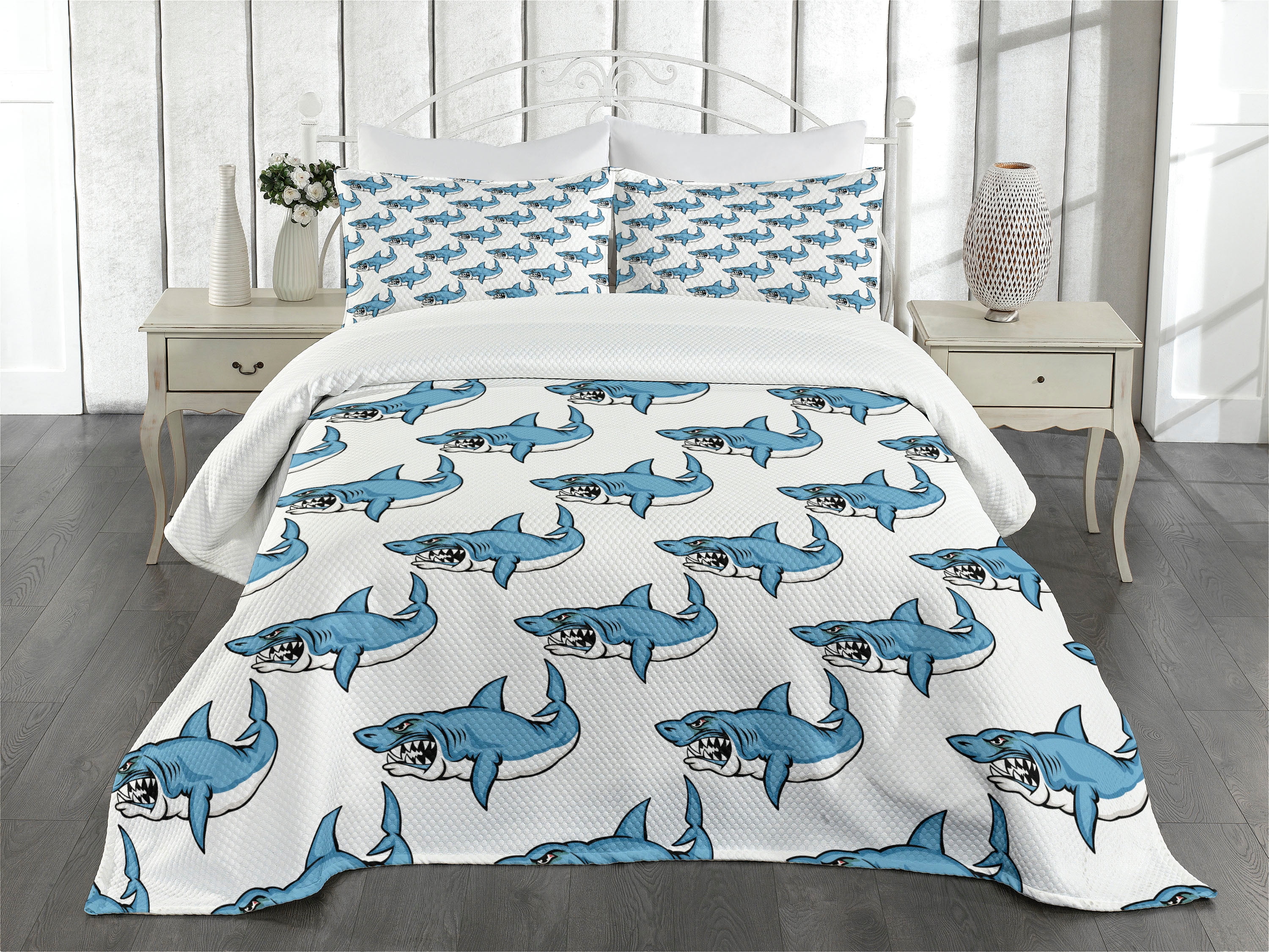 Ambesonne Ocean Quilted Bedspread Set 3 Pcs, Sea Fierce Wild Shark ...