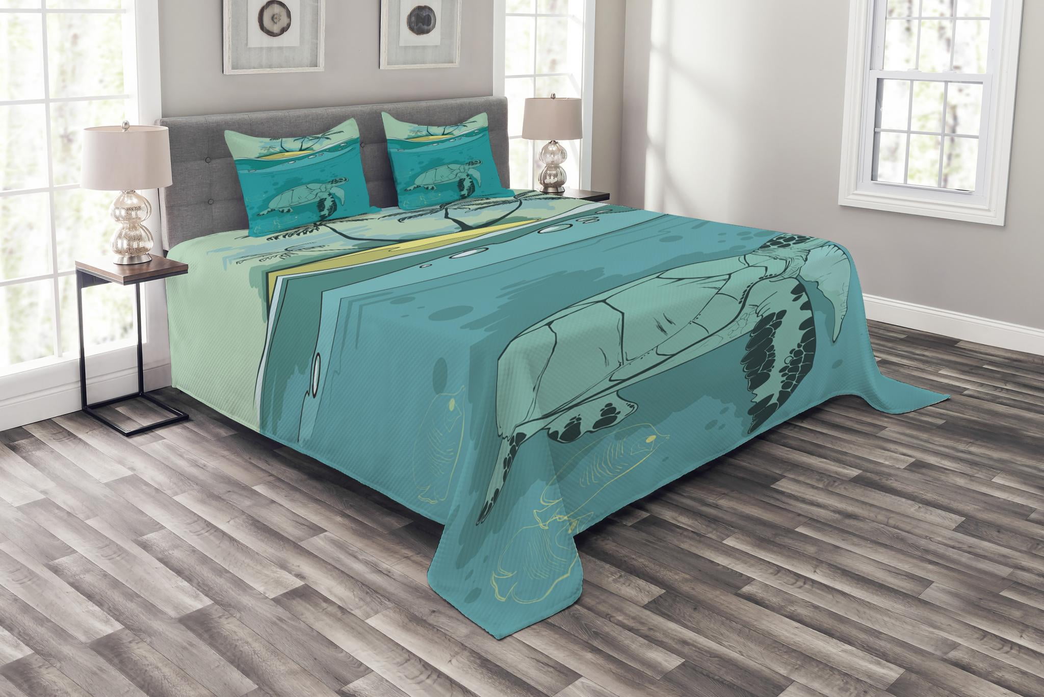 Ambesonne Ocean Quilted Bedspread Set 3 Pcs, Sea Turtle Exotic Island ...