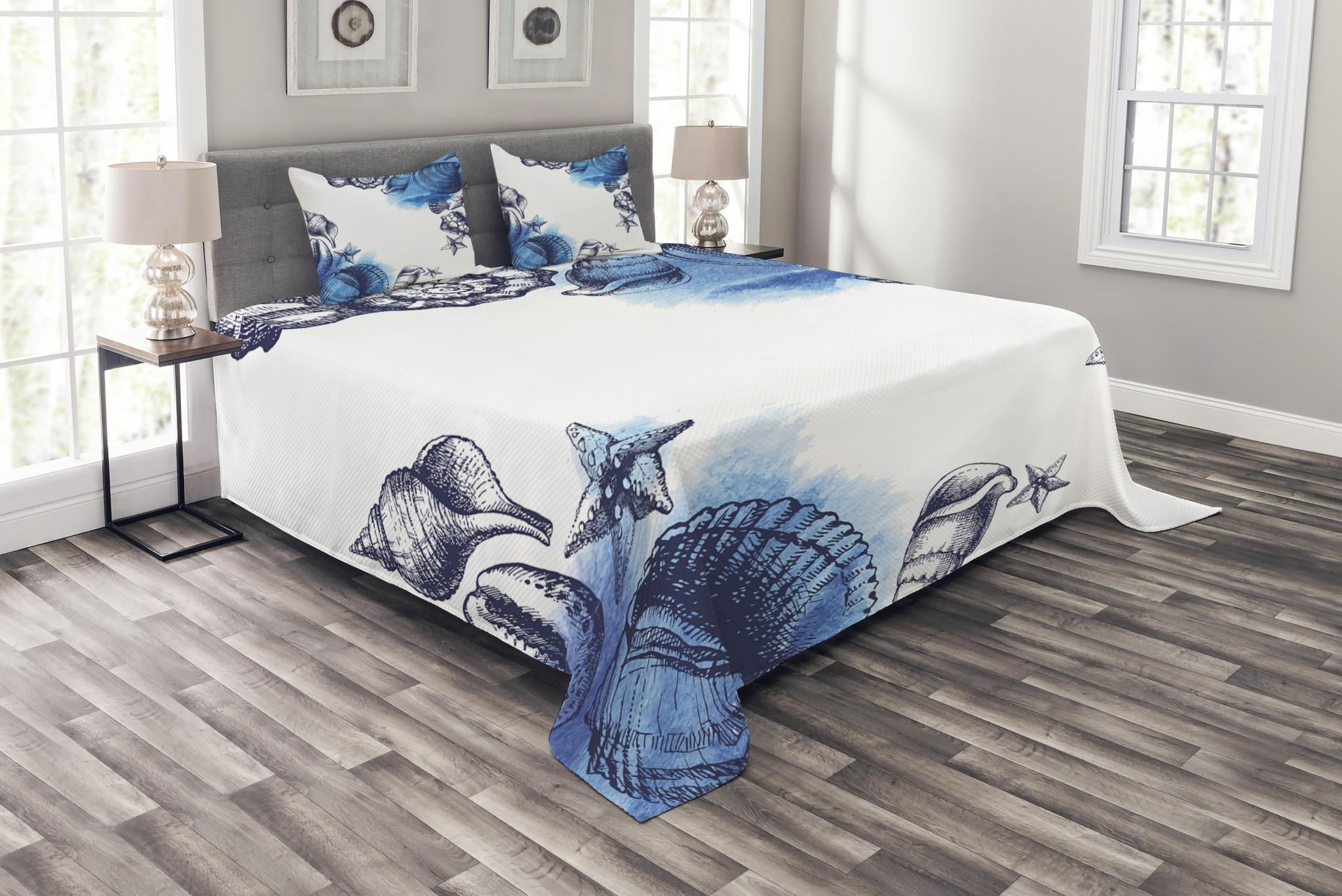 Ambesonne Ocean Quilted Bedspread Set 3 Pcs, Sealife Sea Shells Sand ...