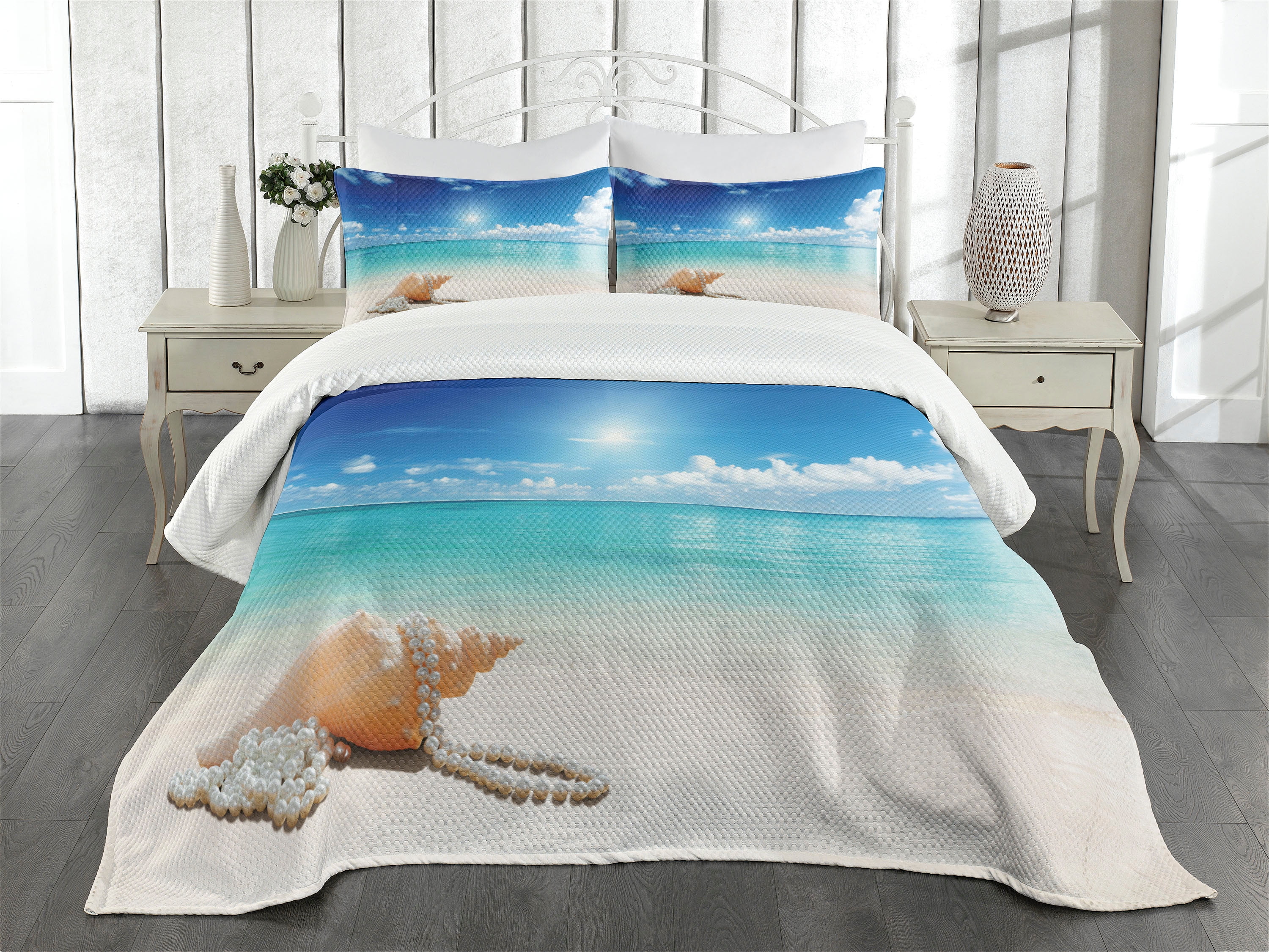 Ambesonne Ocean Quilted Bedspread Set 3 Pcs, Seashells Tropical Beach ...