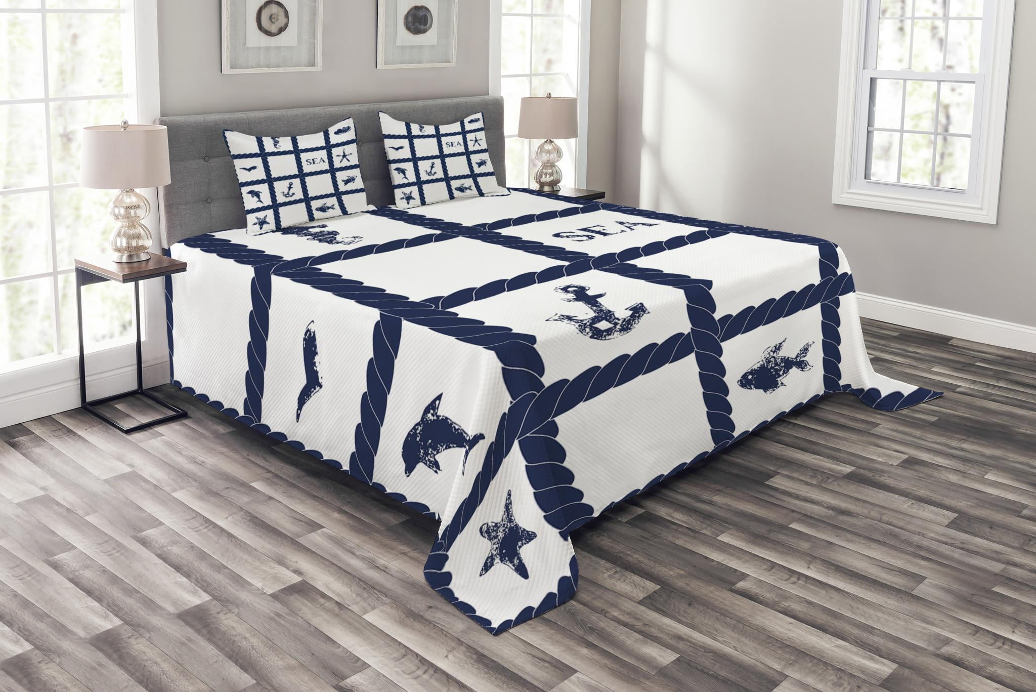 Ambesonne Ocean Quilted Bedspread Set 3 Pcs, Starfish Anchor Sealife ...