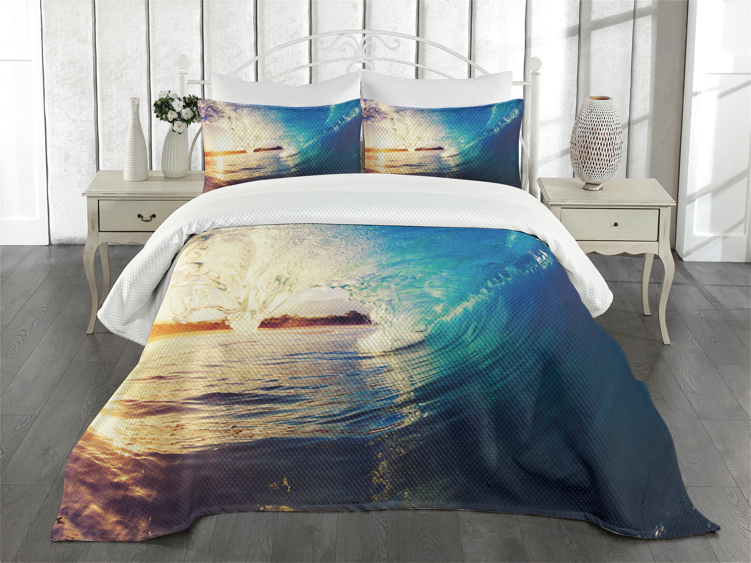 Ambesonne Ocean Quilted Bedspread Set 3 Pcs, Sunrise on Waves Sports ...