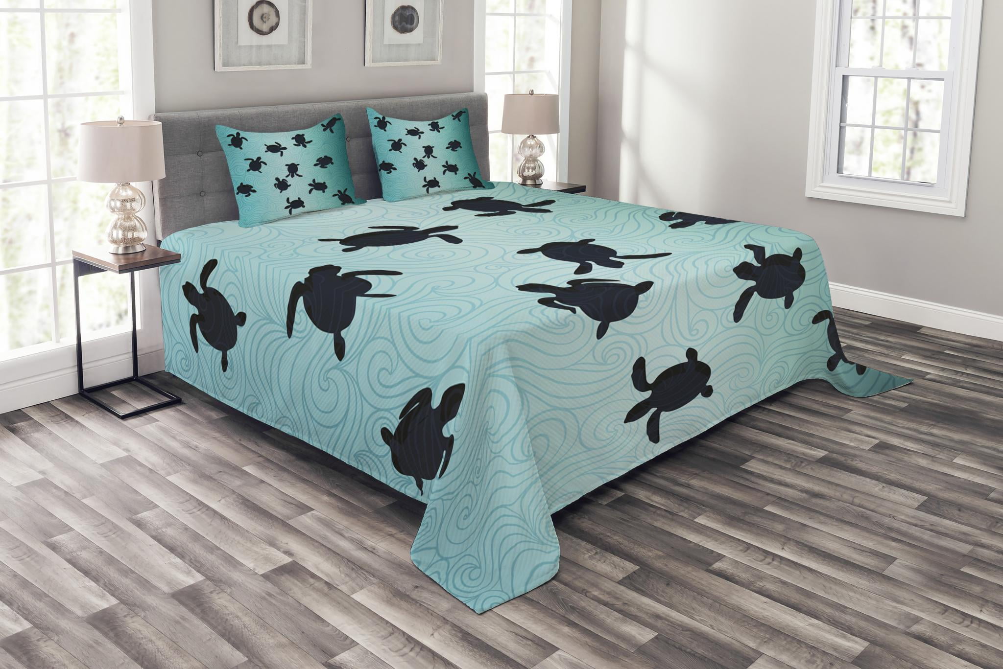 Ambesonne Ocean Quilted Bedspread Set 3 Pcs, Turtles Deep Sealife ...