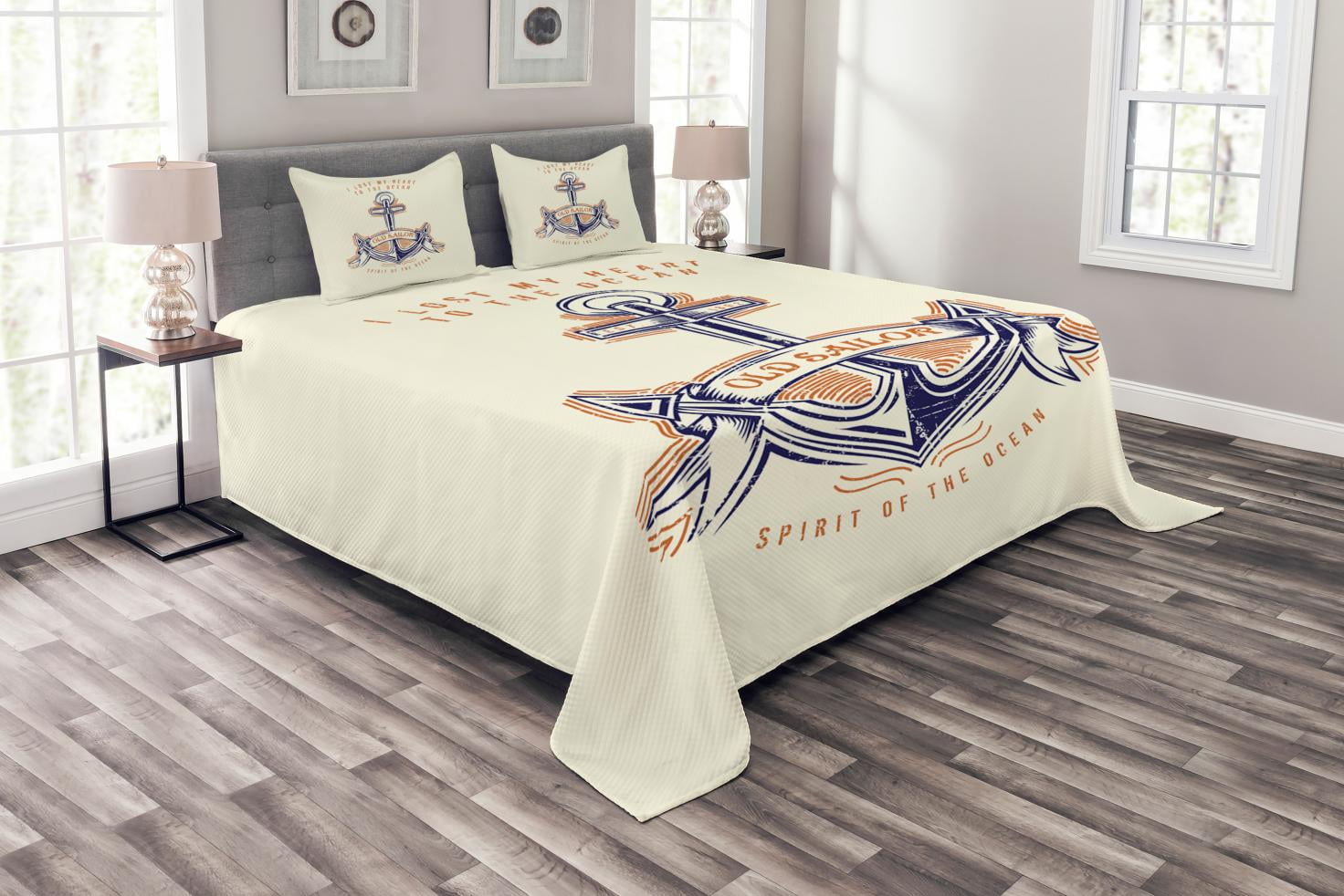 Ambesonne Ocean Quilted Bedspread Set 3 Pcs, Vintage Style Anchor Sign ...