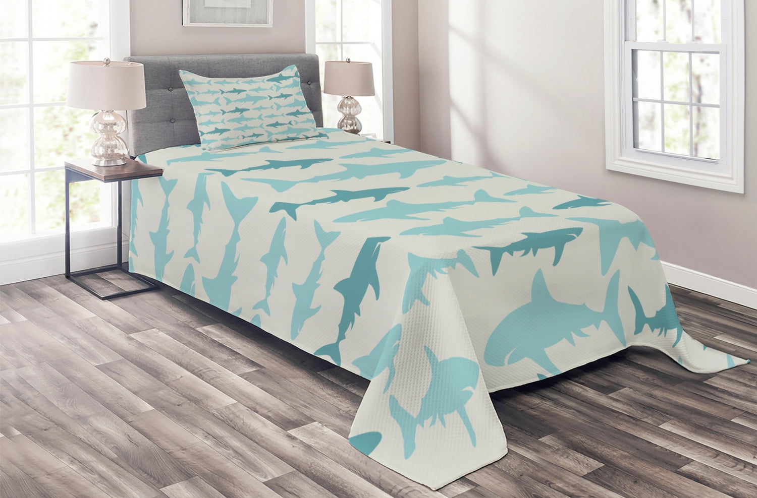 Ambesonne Ocean Quilted Coverlet 2 Pcs, Swimming Sharks in Sea, Twin ...