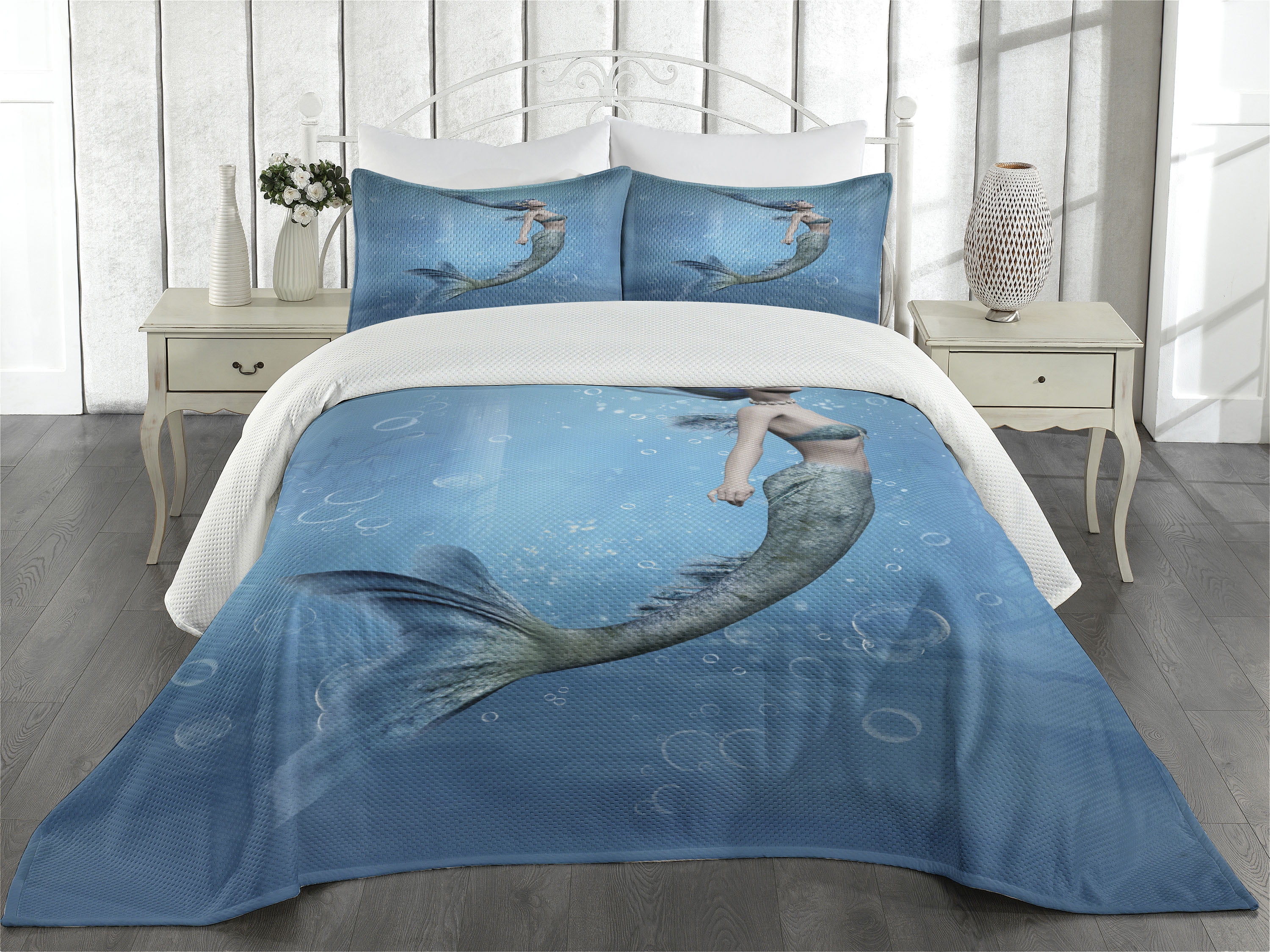 Ambesonne Ocean Quilted Coverlet 3 Pcs, Mermaid Myth Creature, Queen ...