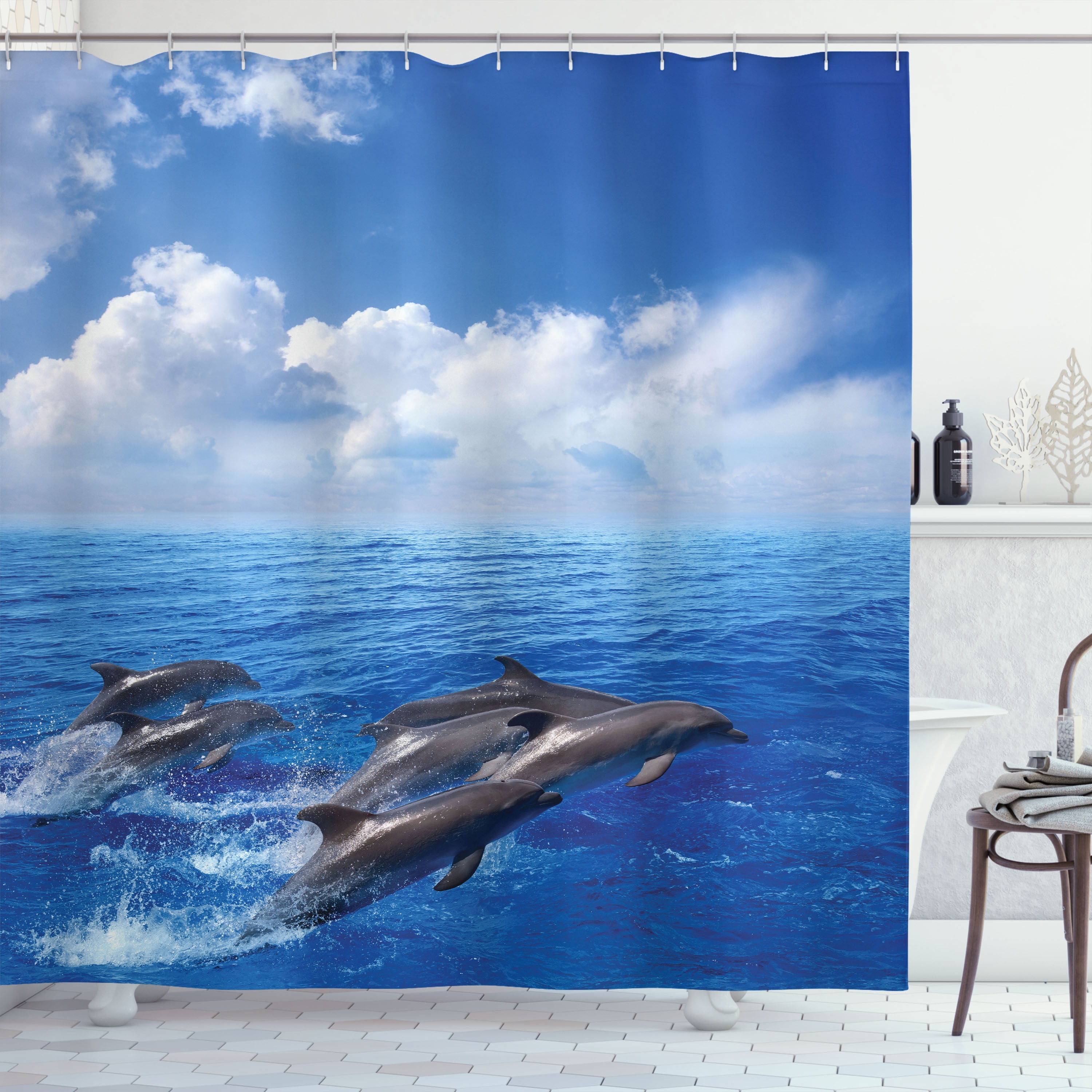 Ambesonne Ocean Shower Curtain, Jumping Dolphins in Sky, 69"Wx84"L ...
