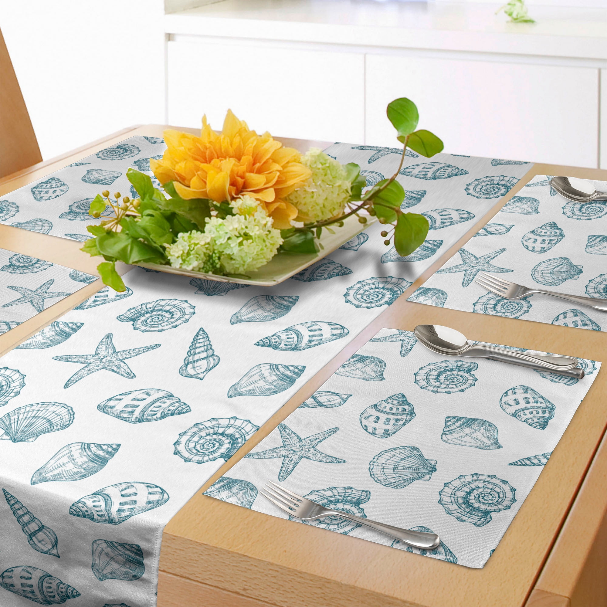 Ambesonne Ocean Table Runner & Placemats, Beach Sea Shells Nautical ...