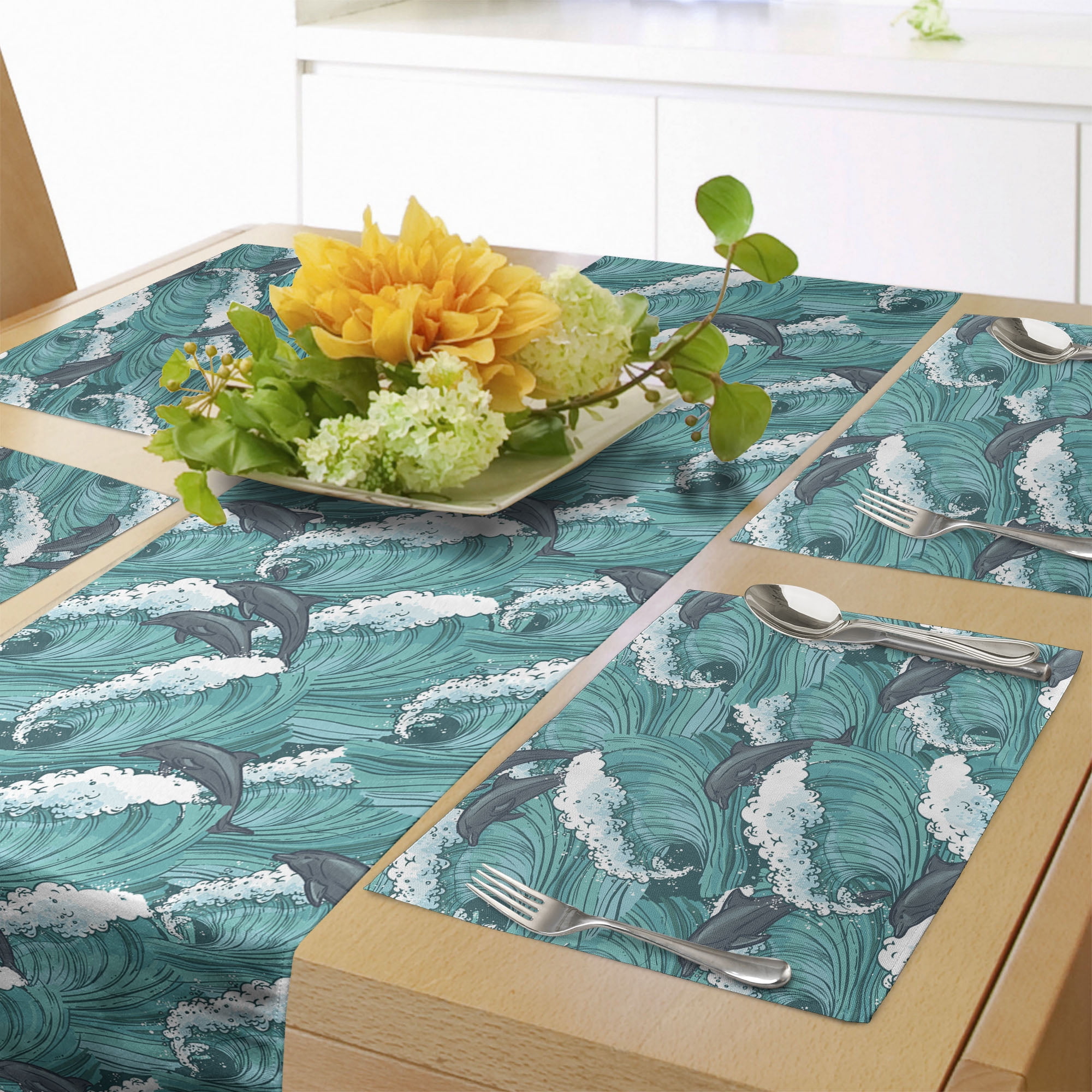 Ambesonne Ocean Table Runner & Placemats, Surfing Doodle Dolphins ...