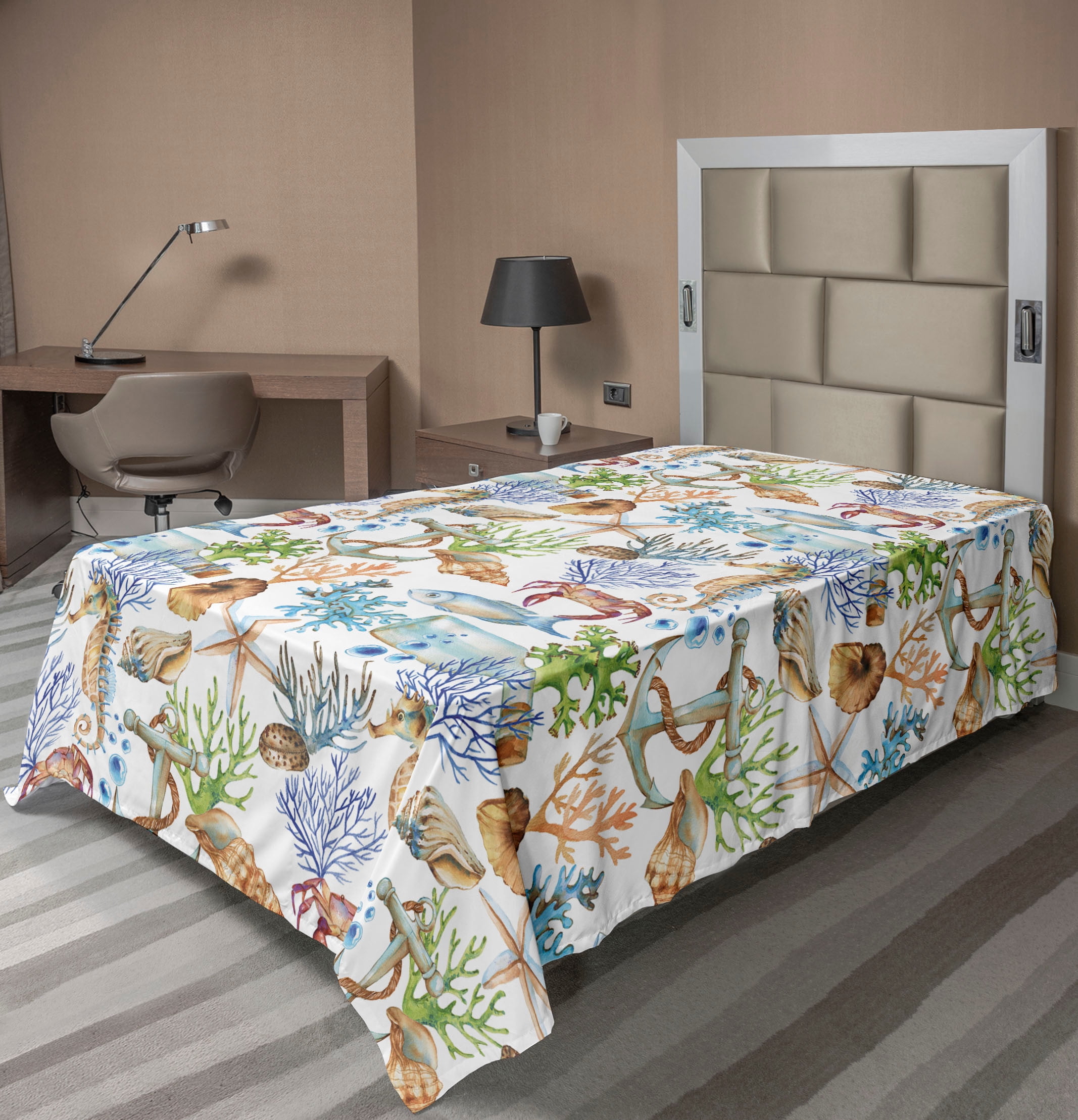 Ambesonne Ocean Themed Flat Bedding Sheet Soft Top Sheet, Nautical Fish ...
