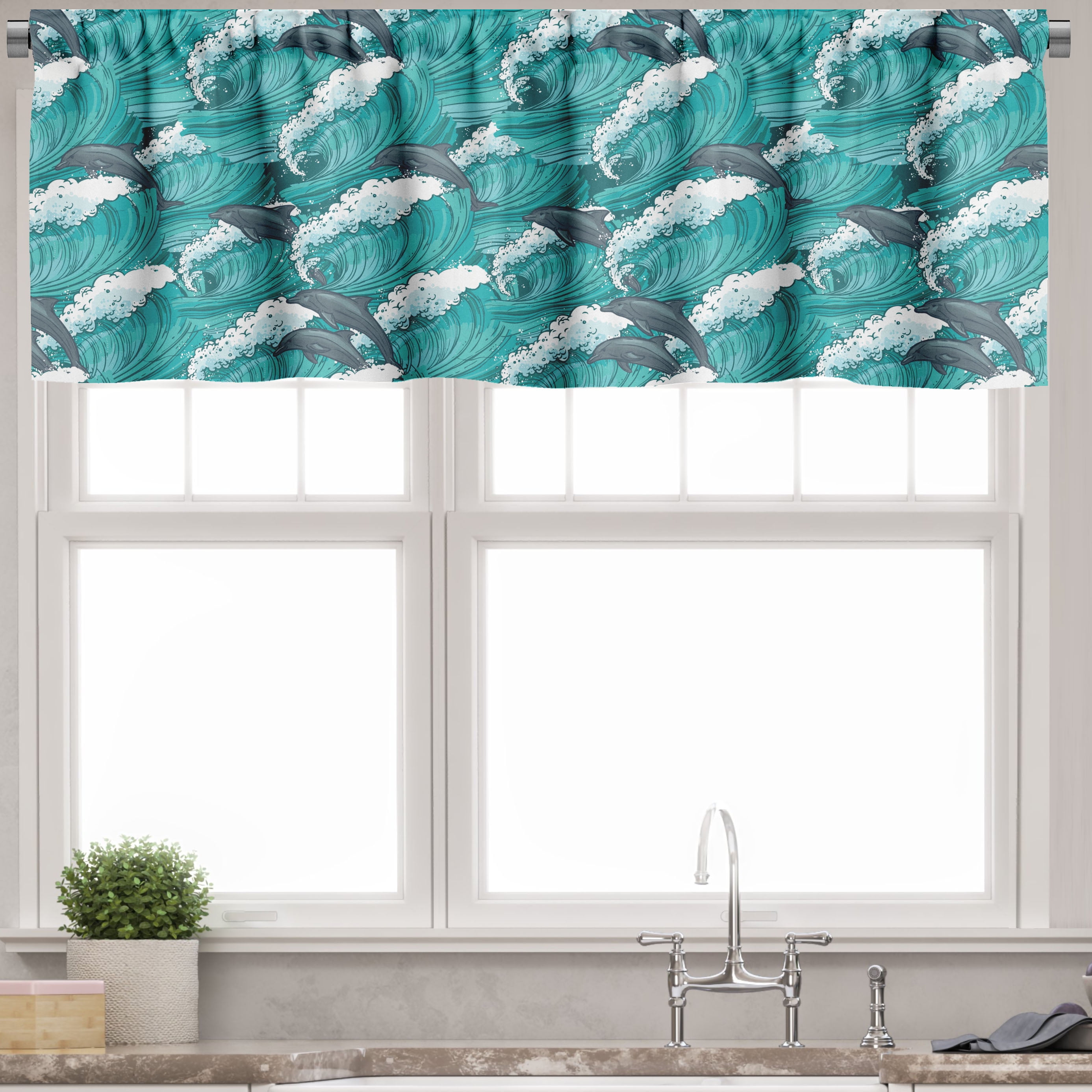 Ambesonne Ocean Valance Pack of 2, Surfing Doodle Dolphins, 54"X18 ...