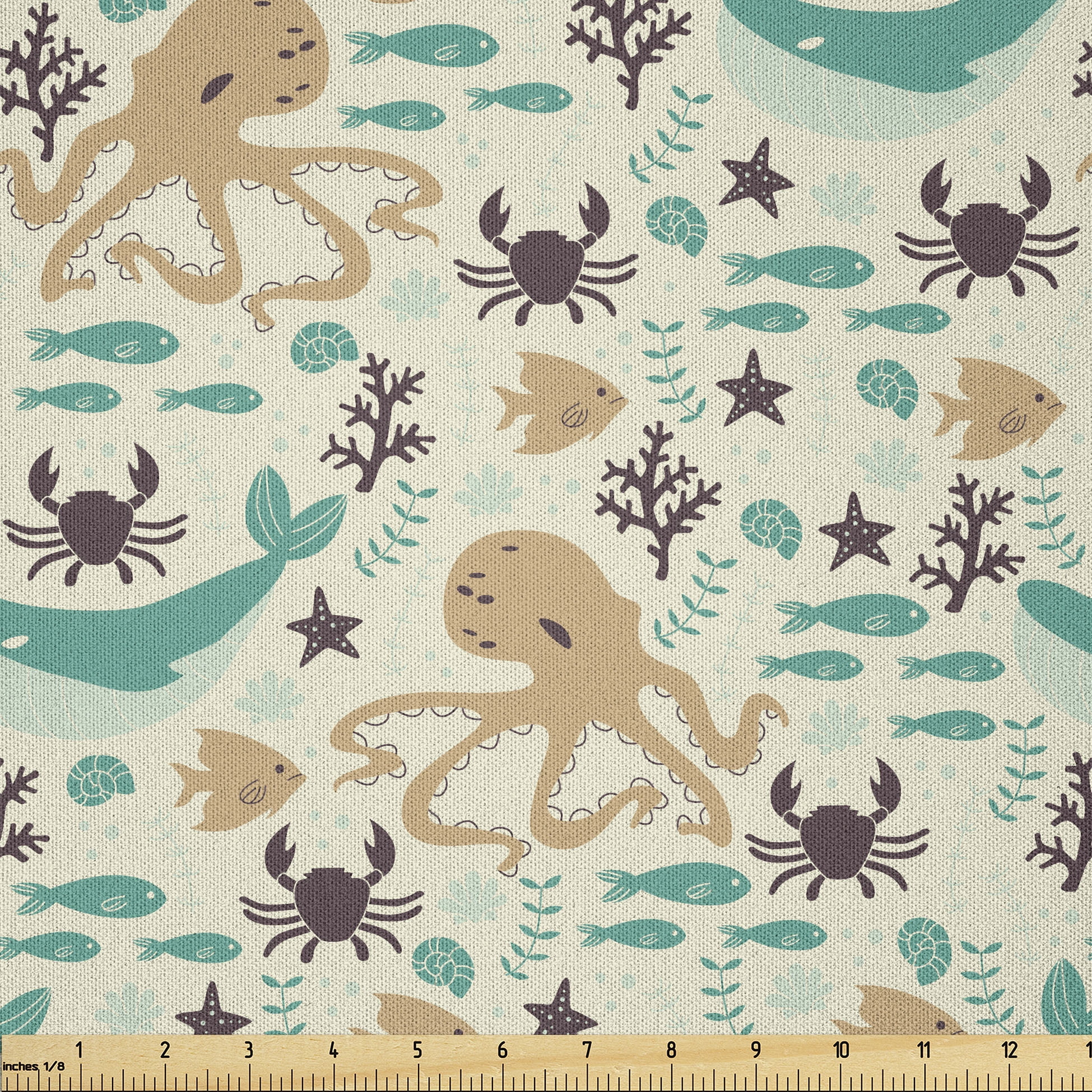 Ambesonne Octopus Fabric by the Yard Microfiber, Cartoon Sea Creatures ...