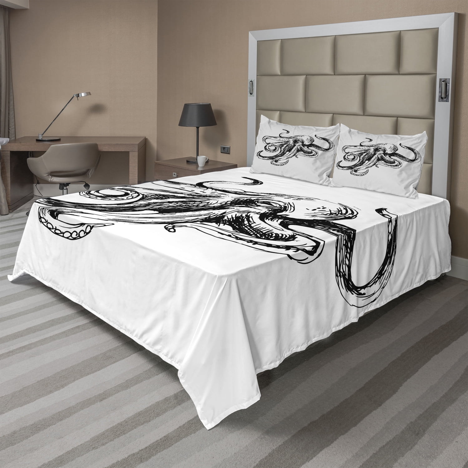 Ambesonne Octopus Fitted & Top Sheet Set with Shams, Marine Wild Life ...