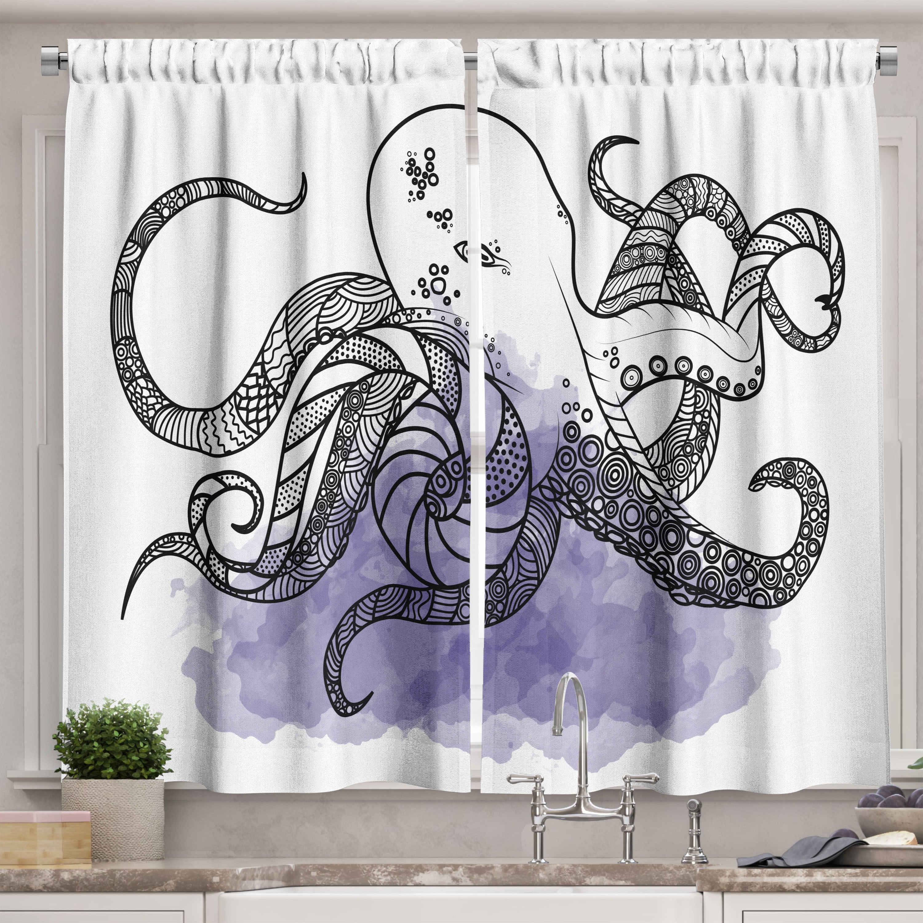 Ambesonne Octopus Kitchen Curtains, Line Art Animal, 55"x39", Lavender ...