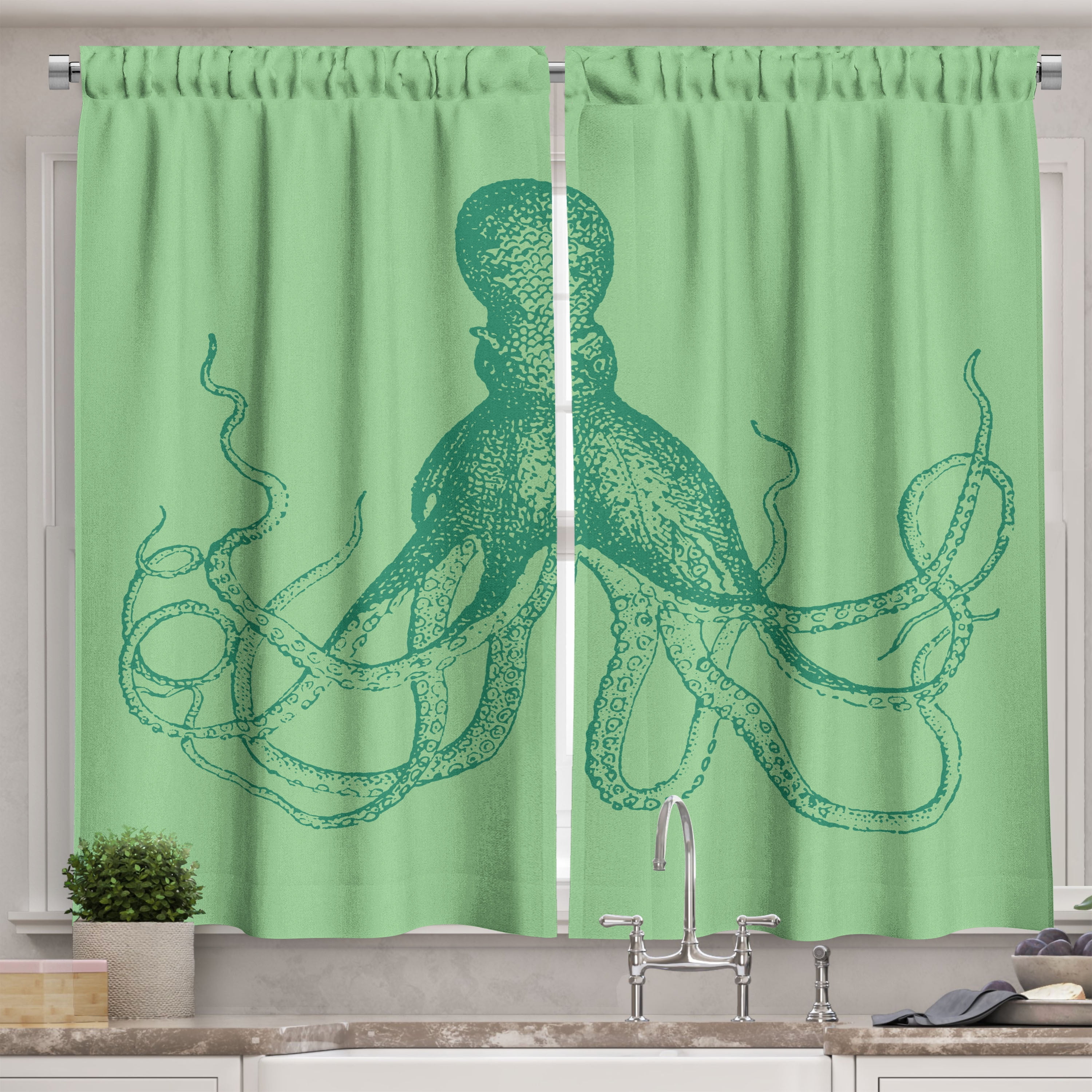 Ambesonne Octopus Kitchen Curtains, Monochrome Marine Sketch, 55"x39 ...