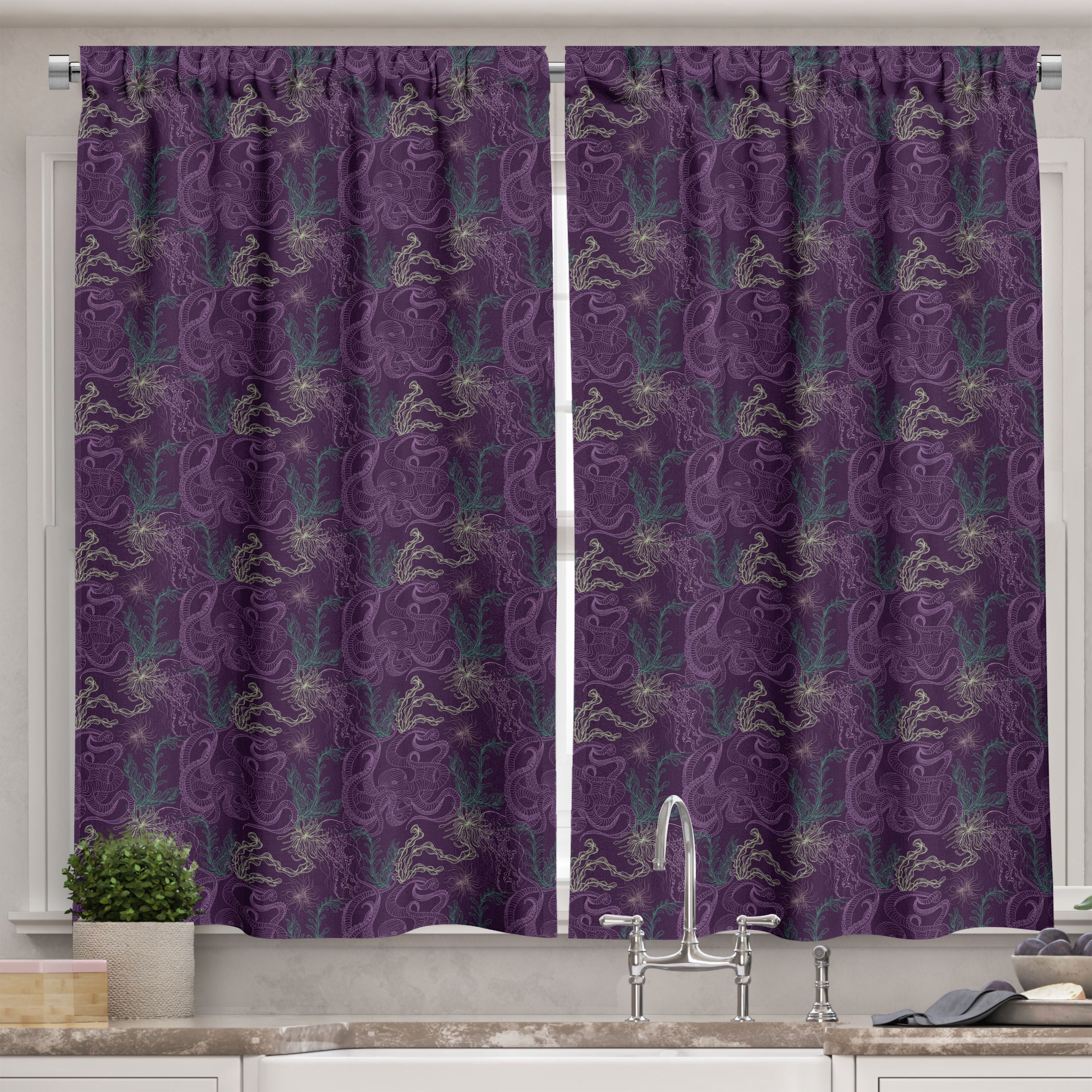 Ambesonne Octopus Kitchen Curtains, Sea Wildlife, 55"x39", Dark Purple ...