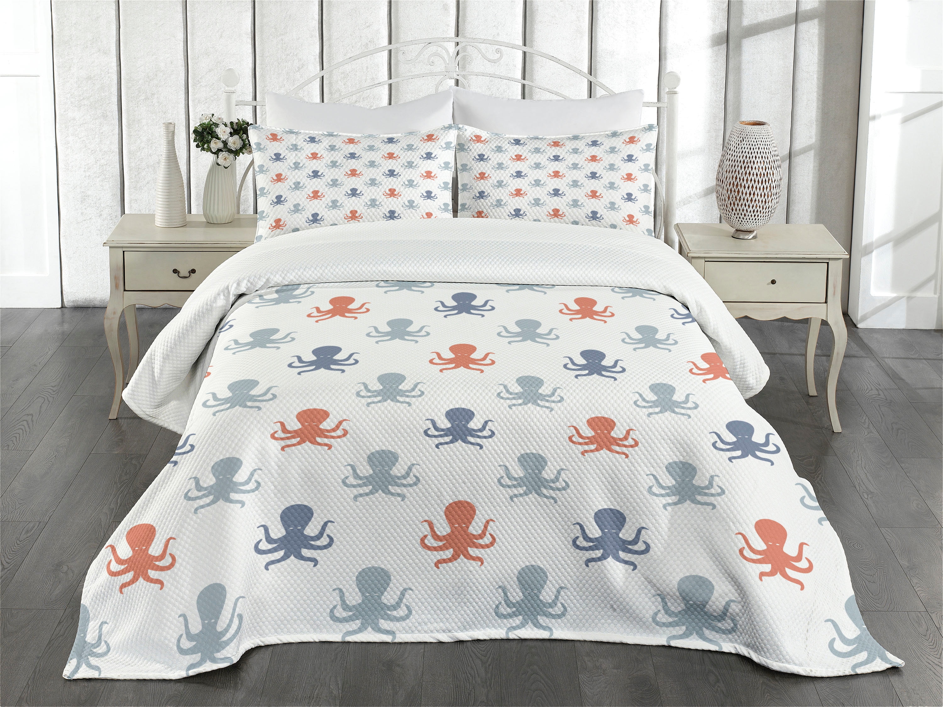 Ambesonne Octopus Quilted Bedspread Set 3 Pcs, Nautical Silhouettes ...