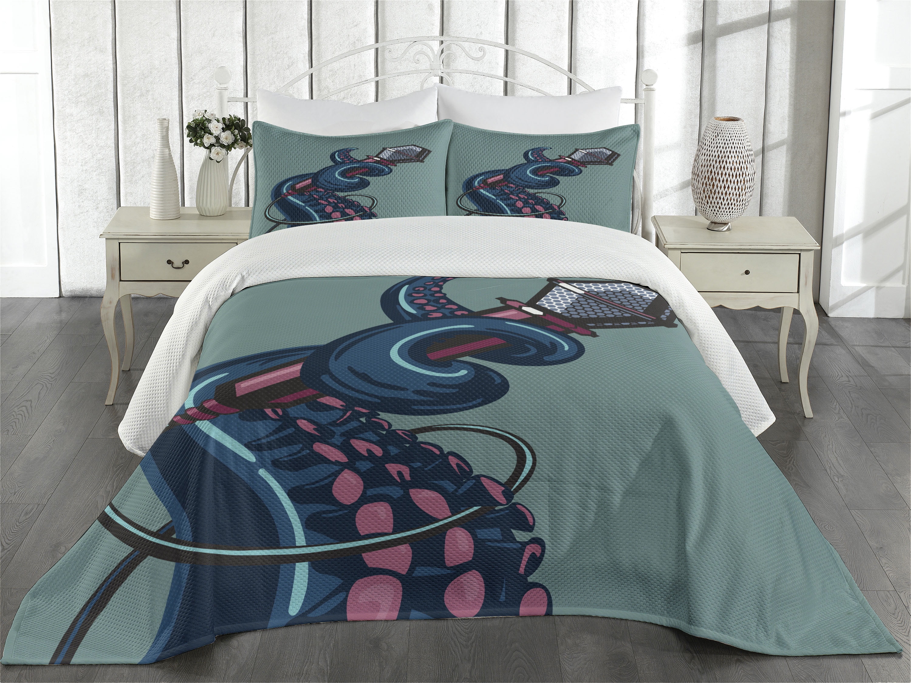 Ambesonne Octopus Quilted Coverlet 3 Pcs, Tentacle with a Microphone ...