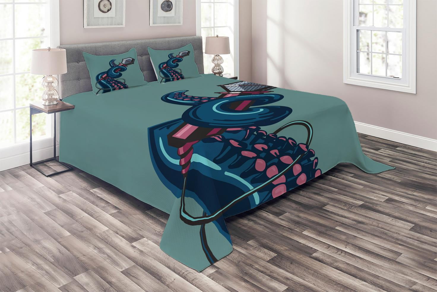 Ambesonne Octopus Quilted Coverlet 3 Pcs, Tentacle with a Microphone ...