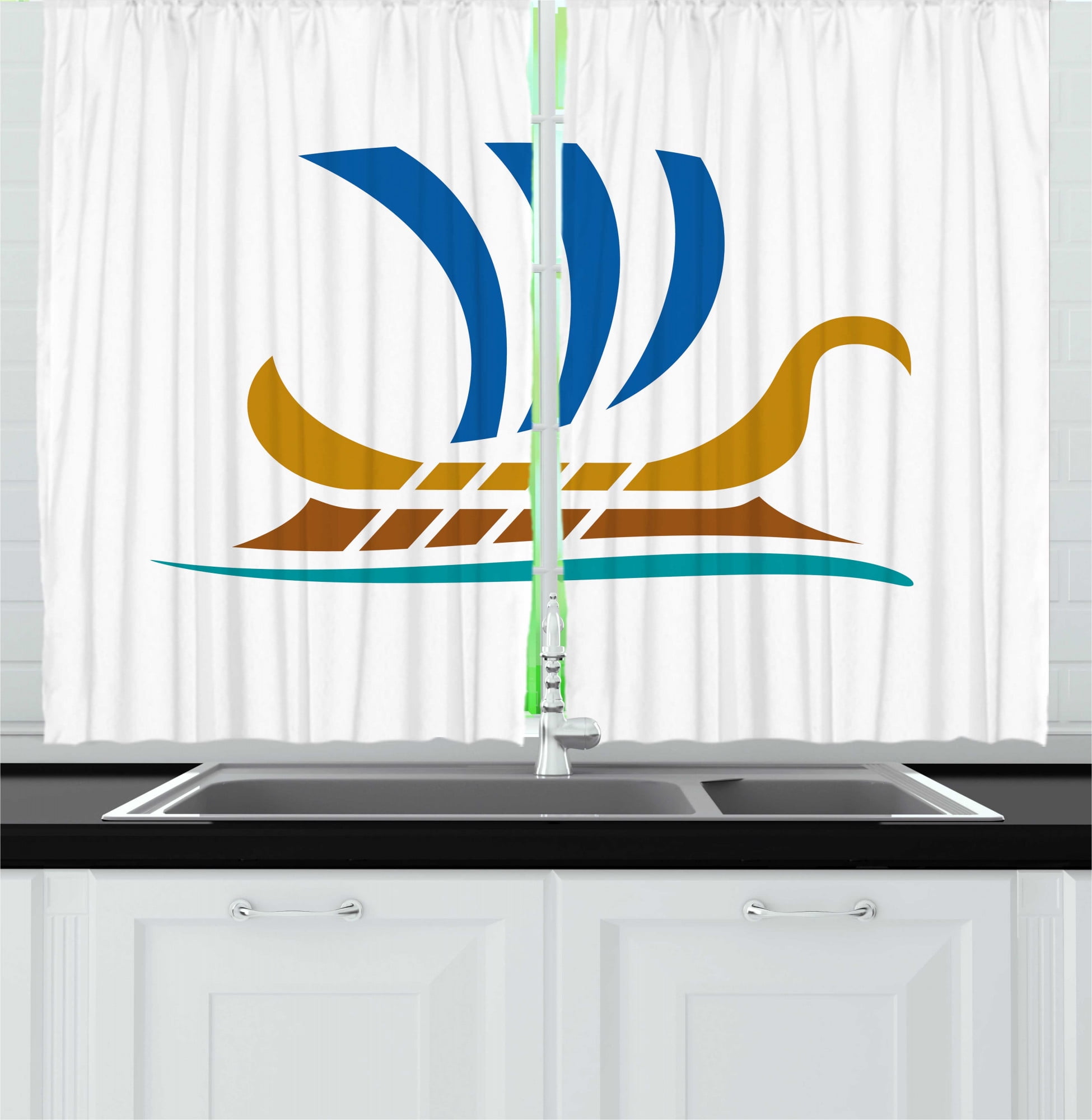 Ambesonne Odyssey Kitchen Curtains, Colorful Greek Ship Sign, 55"x45 ...