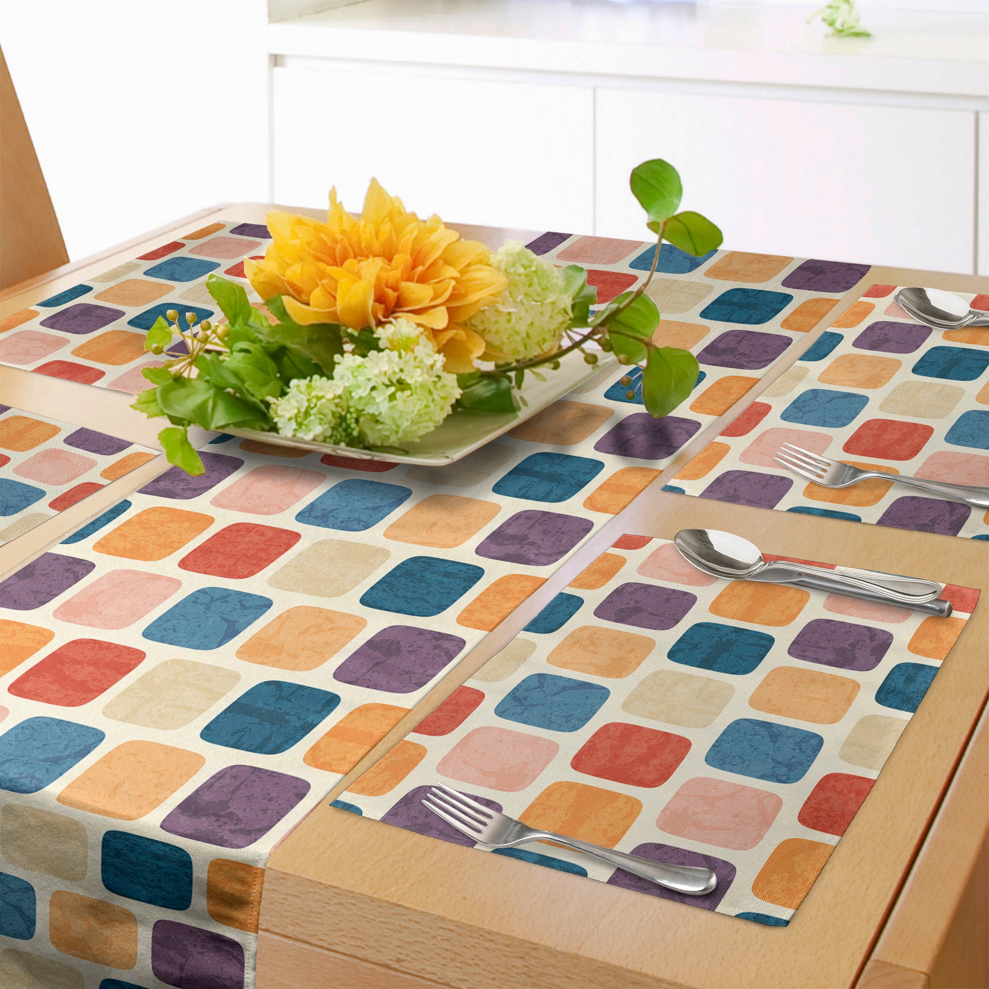 Ambesonne Off White Table Runner & Placemats, Colorful Round Squares ...