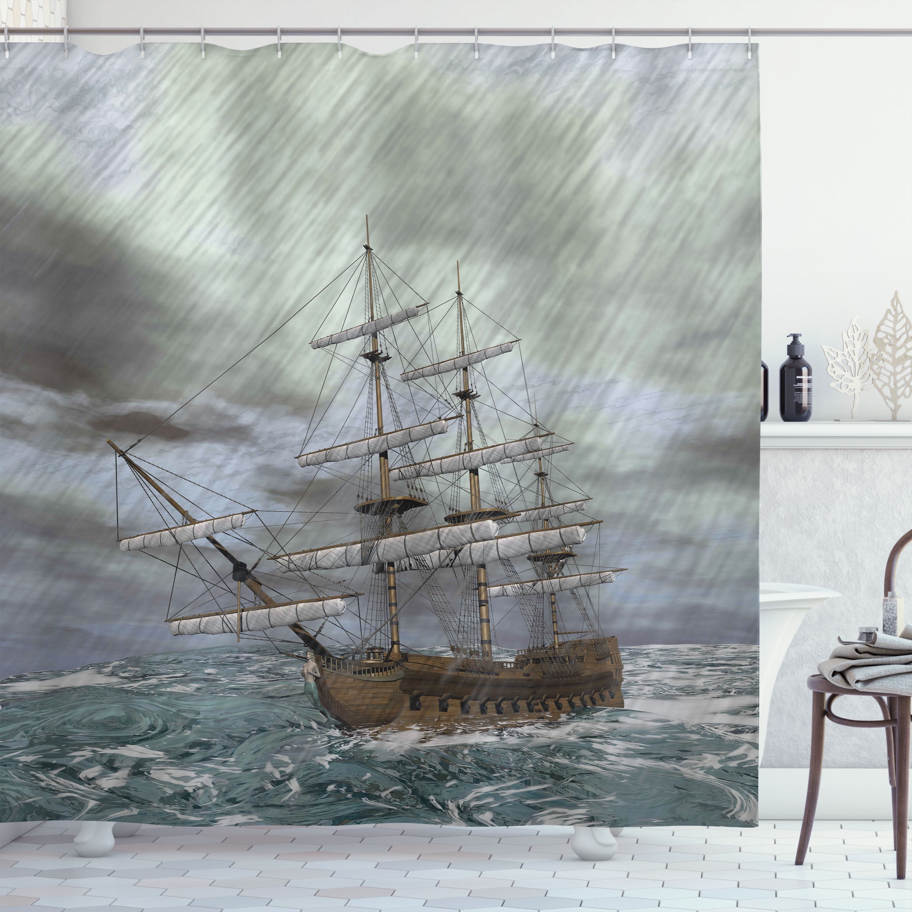 Ambesonne Old Shower Curtain, Ocean in Wave Rainy Storm, 69"Wx75"L ...