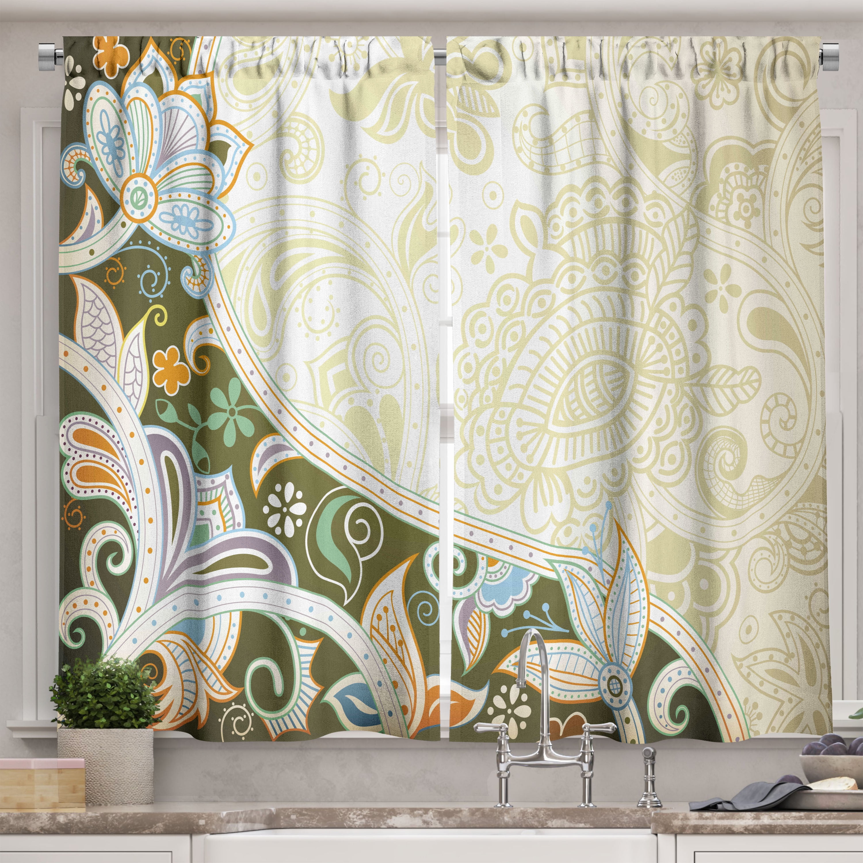 Ambesonne Olive Green Kitchen Curtains, Abstract Flora Leaf, 55"x39 ...