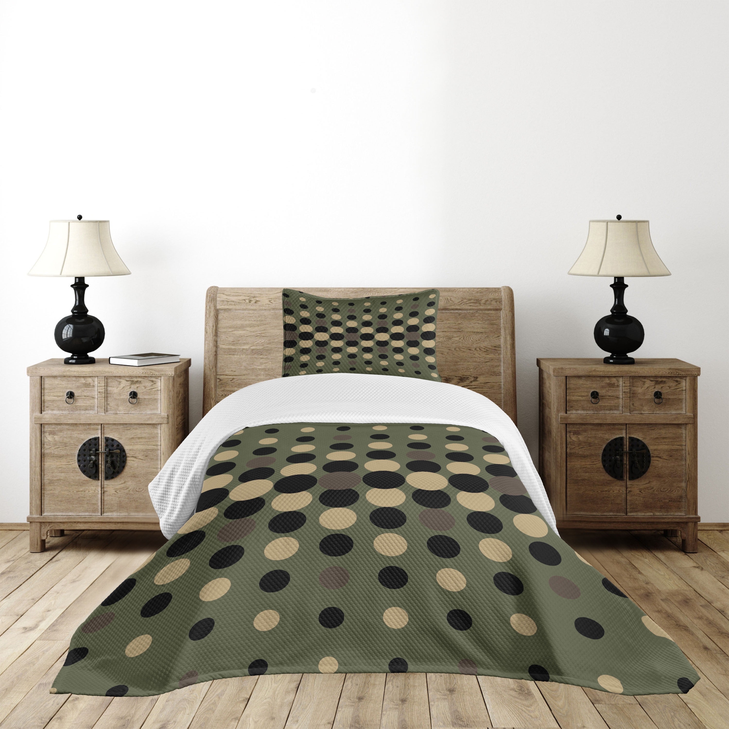 Ambesonne Olive Green Quilted Bedspread Set 2 Pcs, Halftone Circles ...