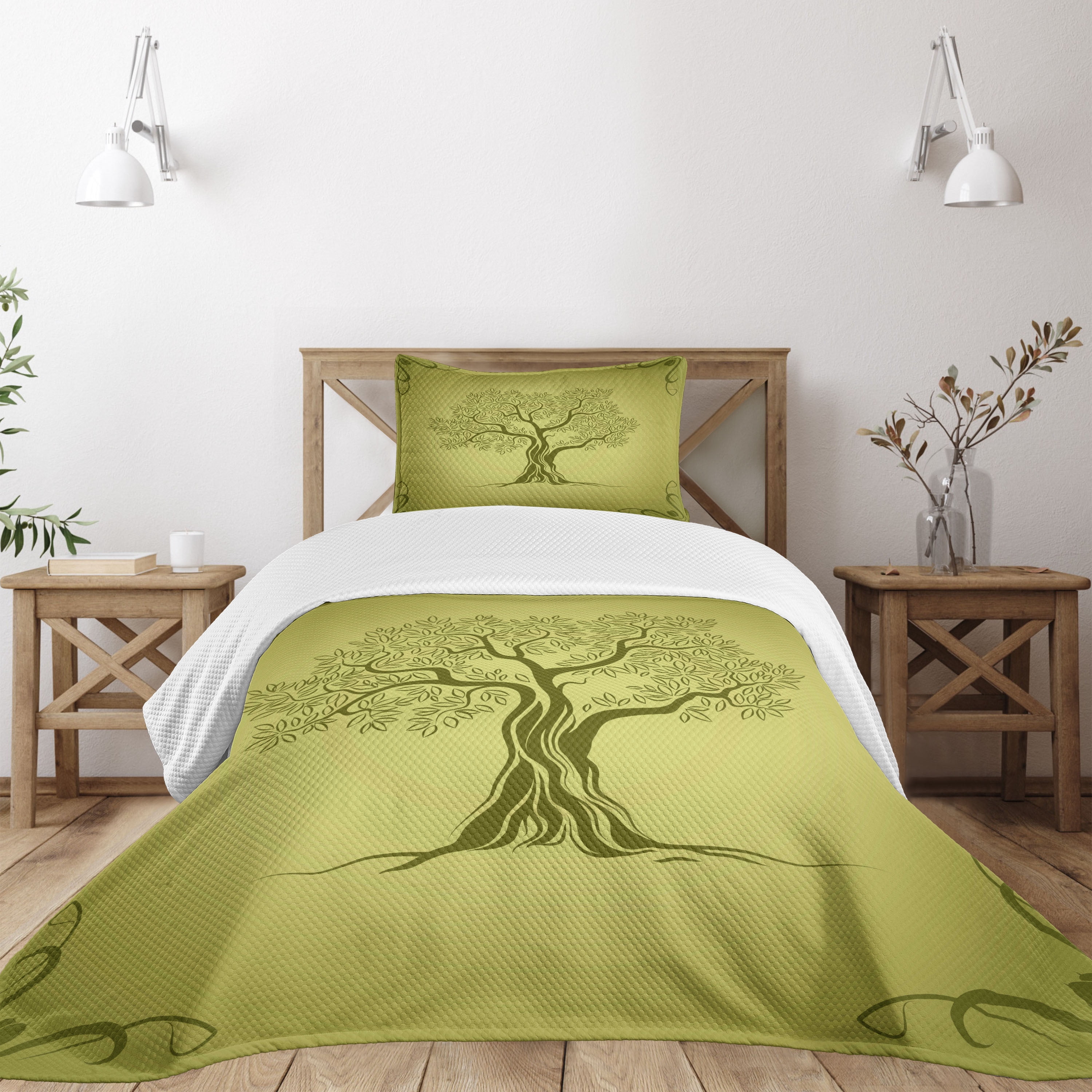 Ambesonne Olive Green Quilted Bedspread Set 2 Pcs, Olive Tree Pattern ...