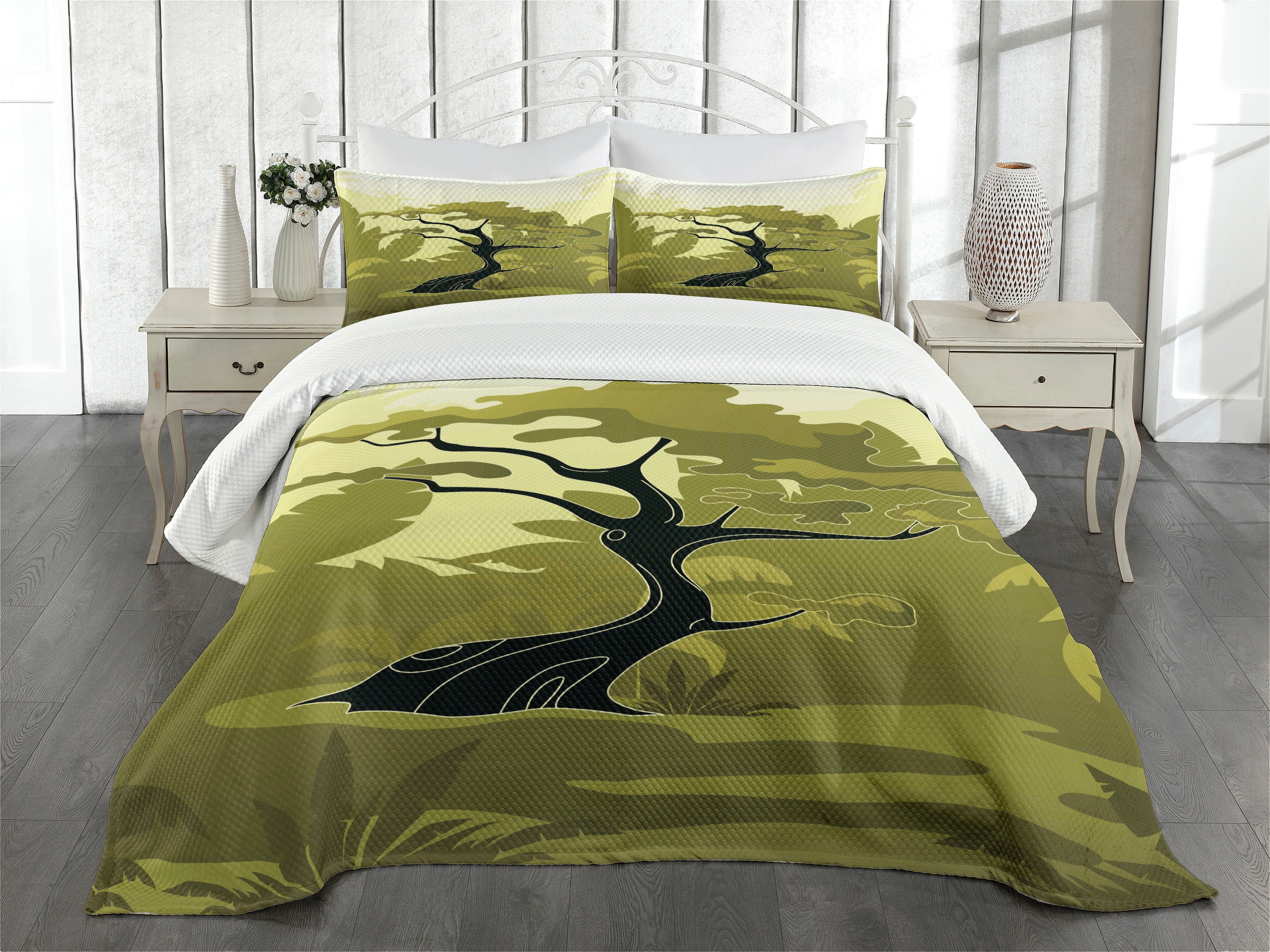 Ambesonne Olive Green Quilted Bedspread Set 3 Pcs, Japanese Jungle ...