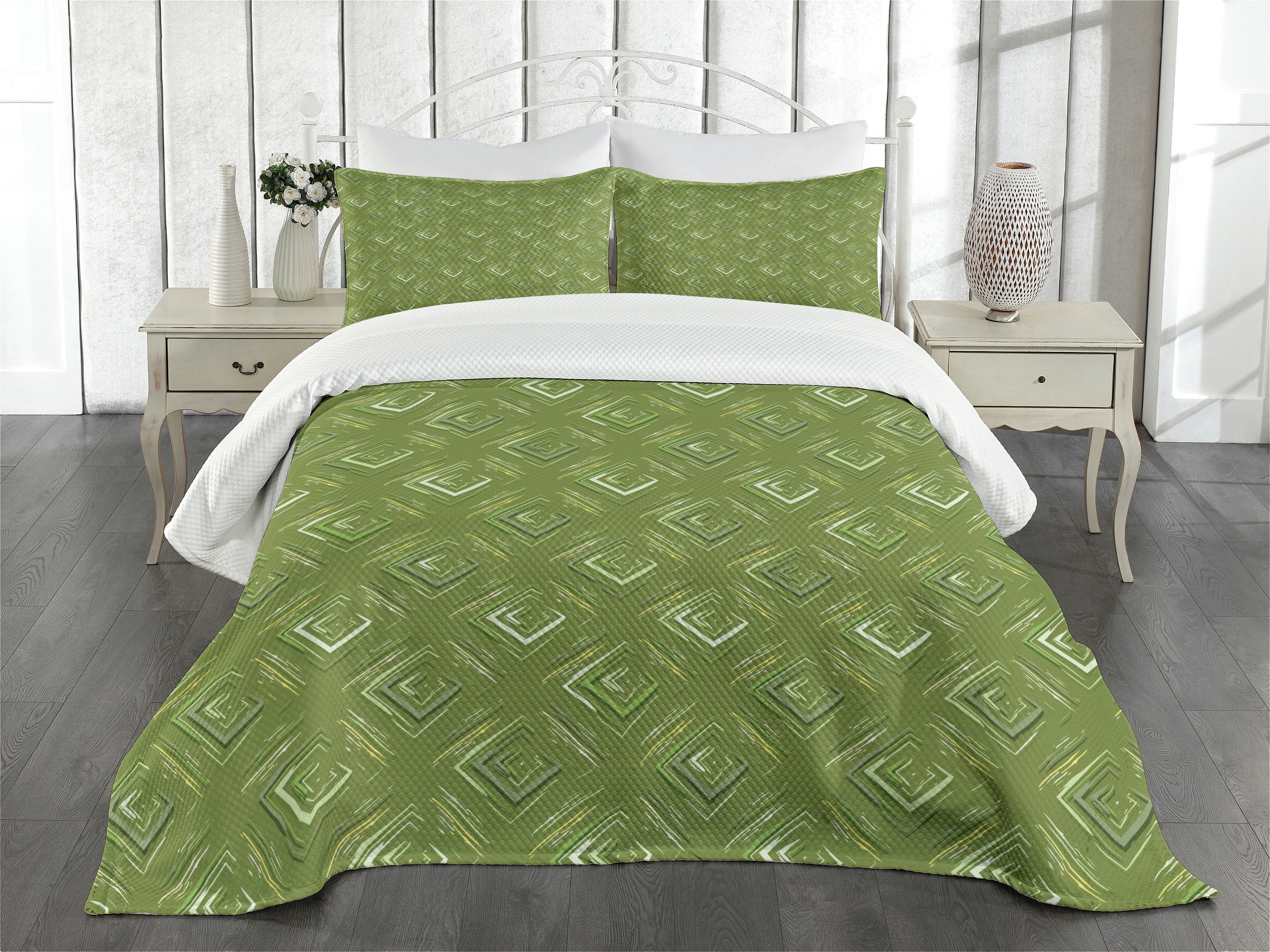 Ambesonne Olive Green Quilted Bedspread Set 3 Pcs, Rhombus Squares ...