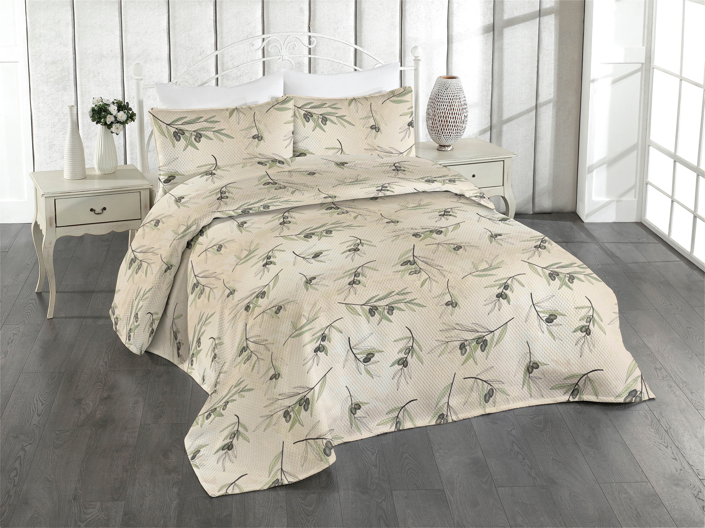Ambesonne Olive Pattern Quilted Bedspread Set 3 Pcs, Retro Fruit ...