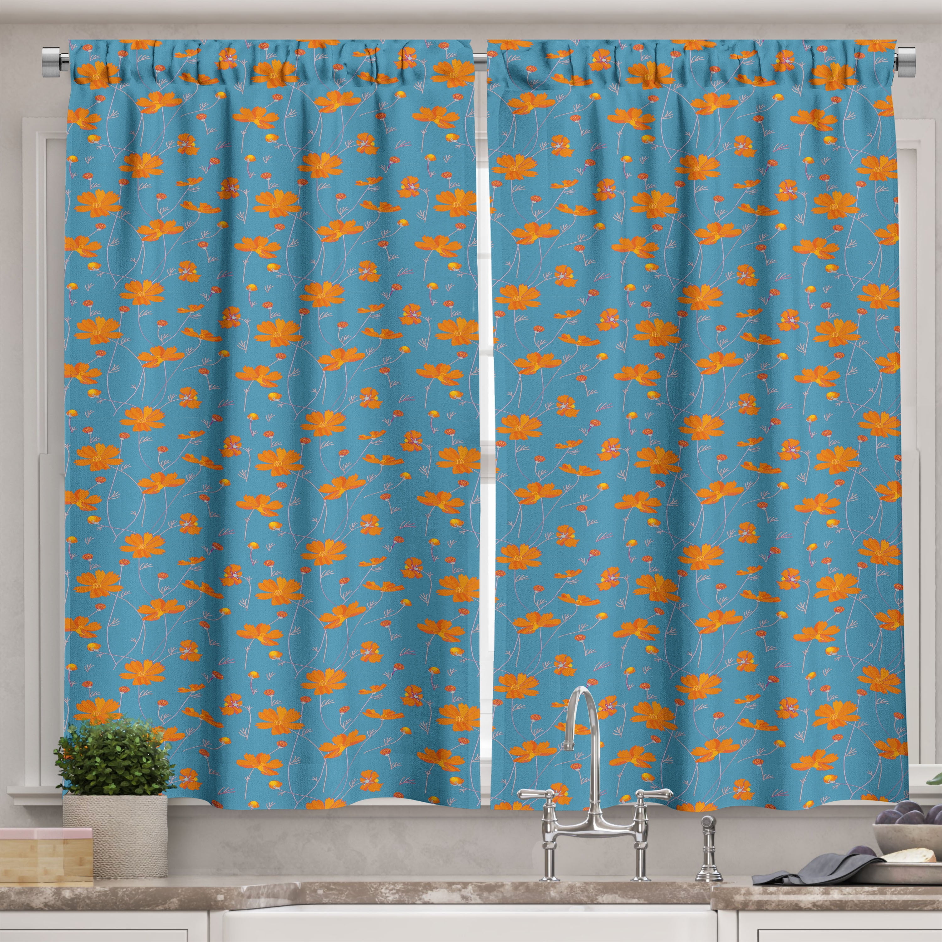 Ambesonne Orange Blue Kitchen Curtains, Thin Peduncle Flowers, 55"x39 ...