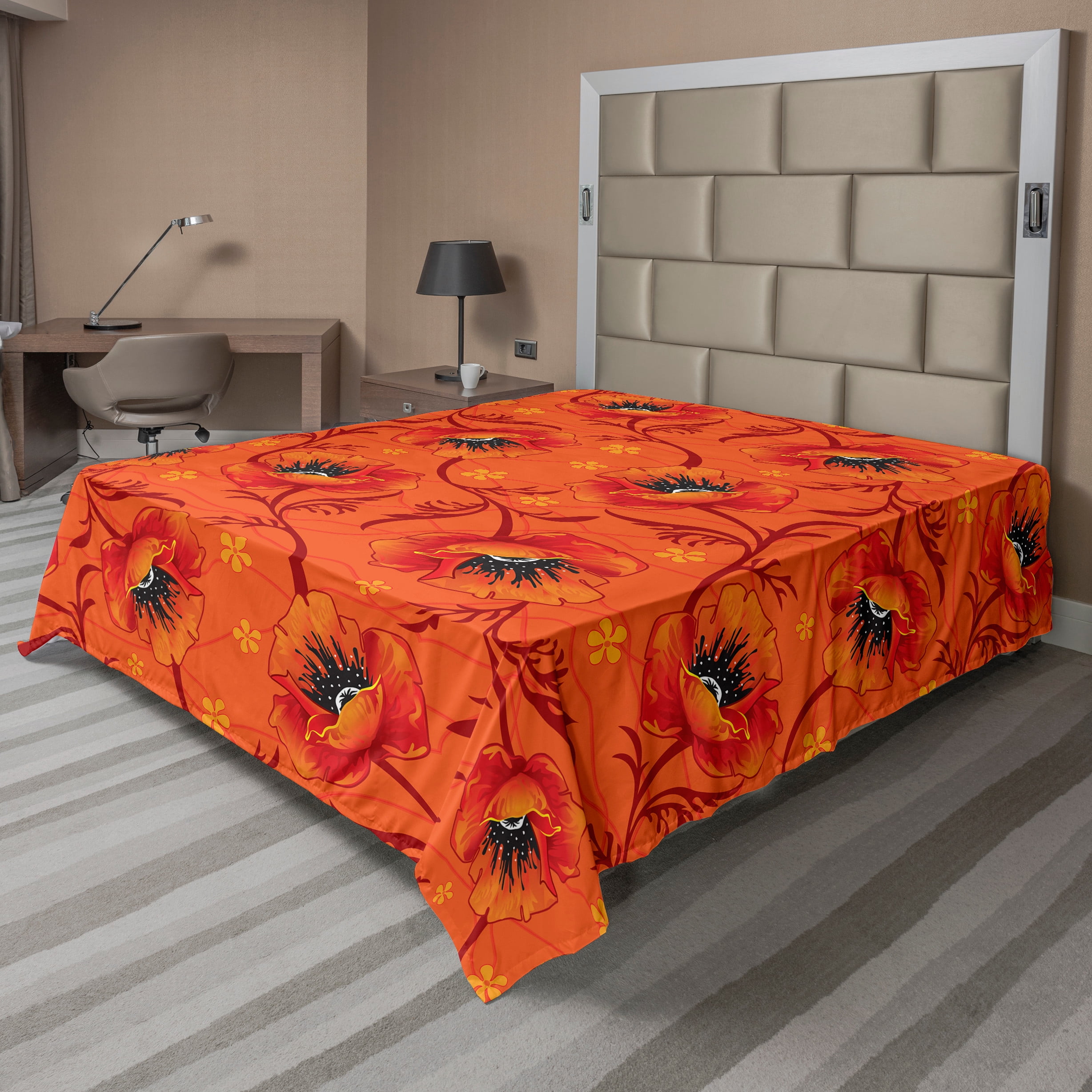 Ambesonne Orange Flat Sheet, Poppy Flower Romance, King Size, Burnt ...